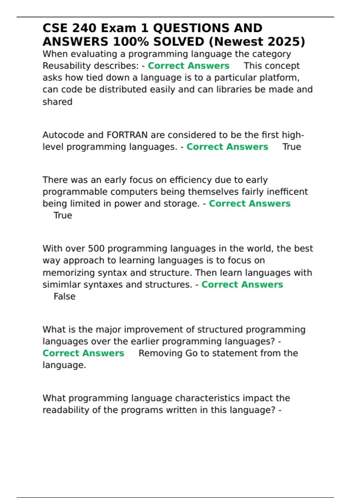 CSE 240 Exam 1 QUESTIONS AND ANSWERS 100- SOLVED (Newest 2025) - CSE 240 Exm 1 to finl - Stuvia US