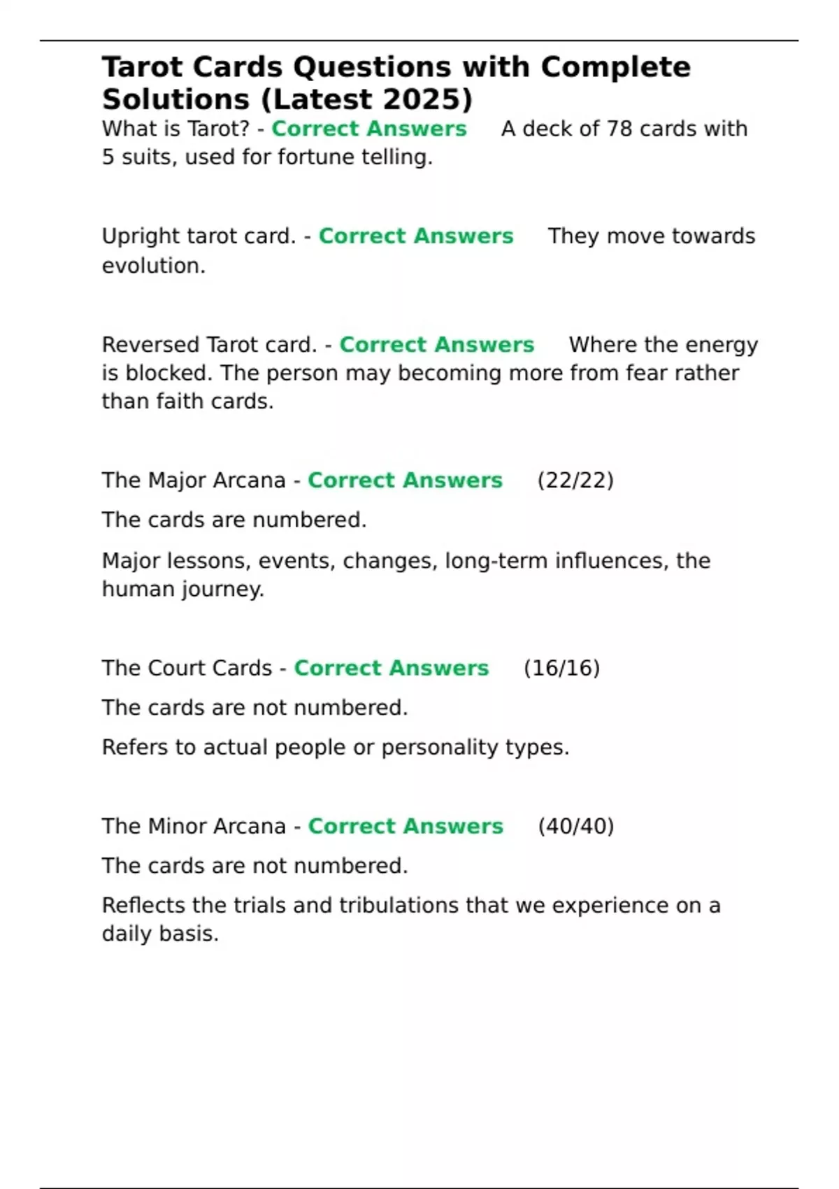 Tarot Cards Questions with Complete Solutions (Latest 2025) - Tarot ...