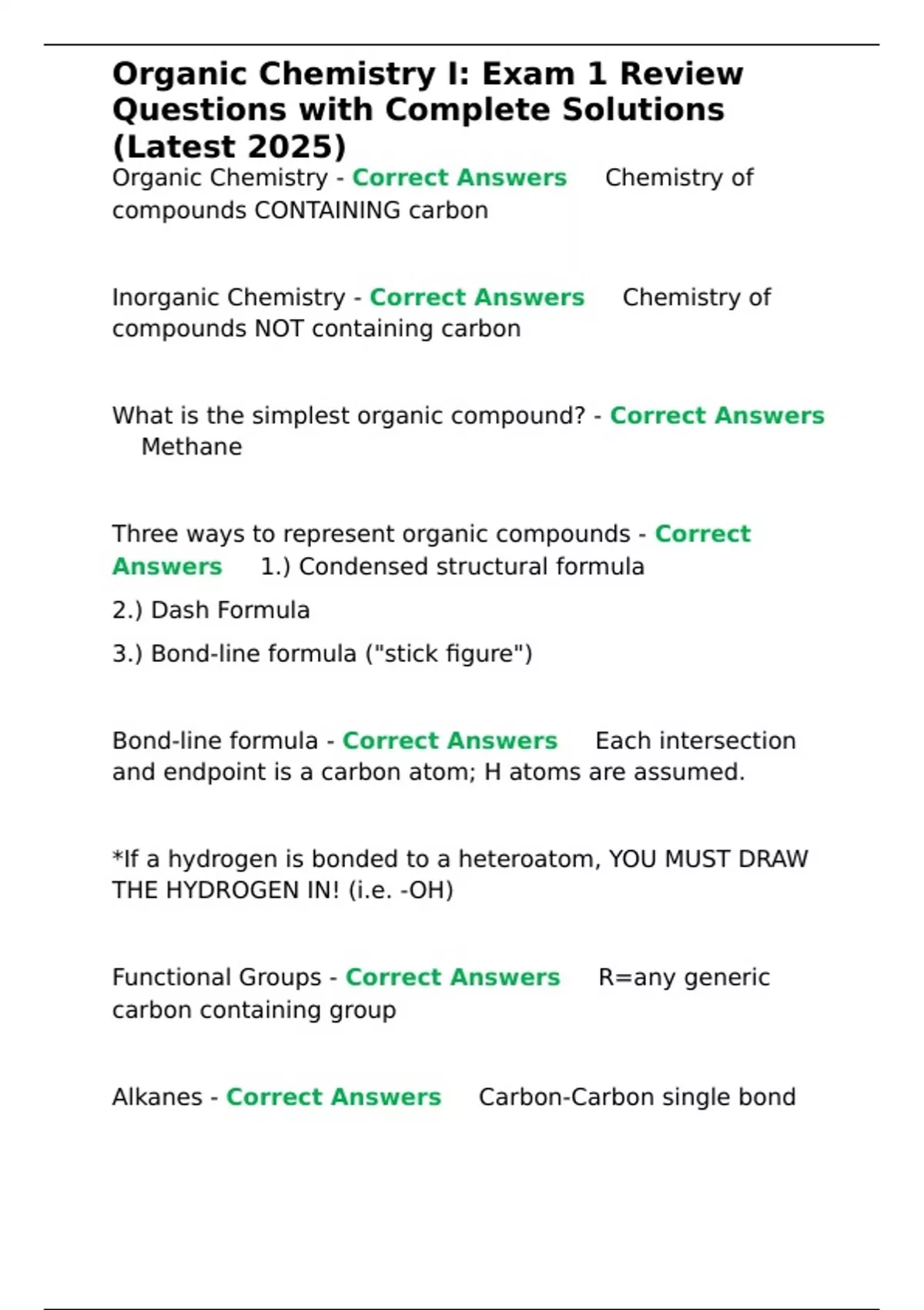 Organic Chemistry I Exam 1 Review Questions with Complete Solutions ...