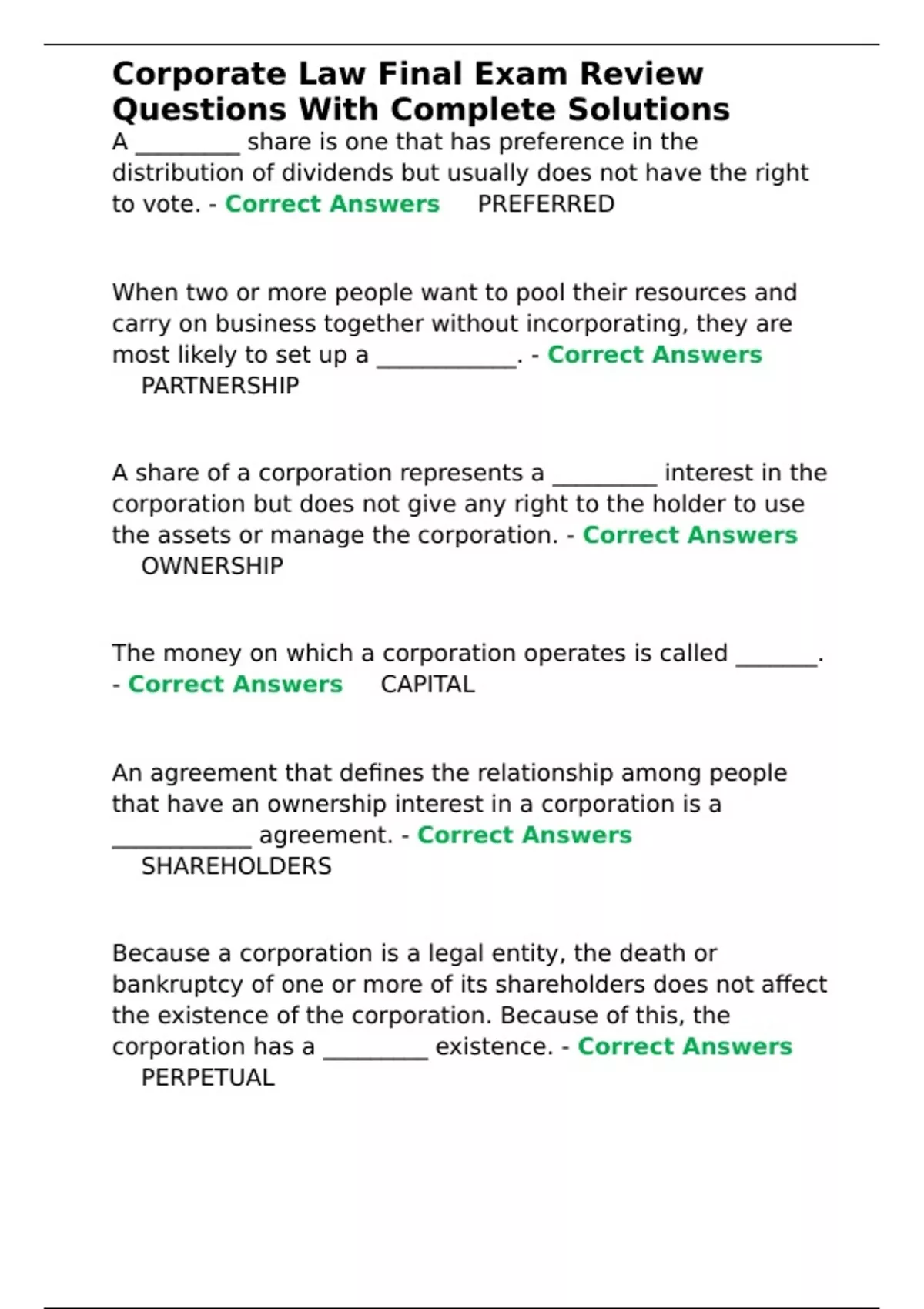 Corporate Law Final Exam Review Questions With Complete Solutions ...