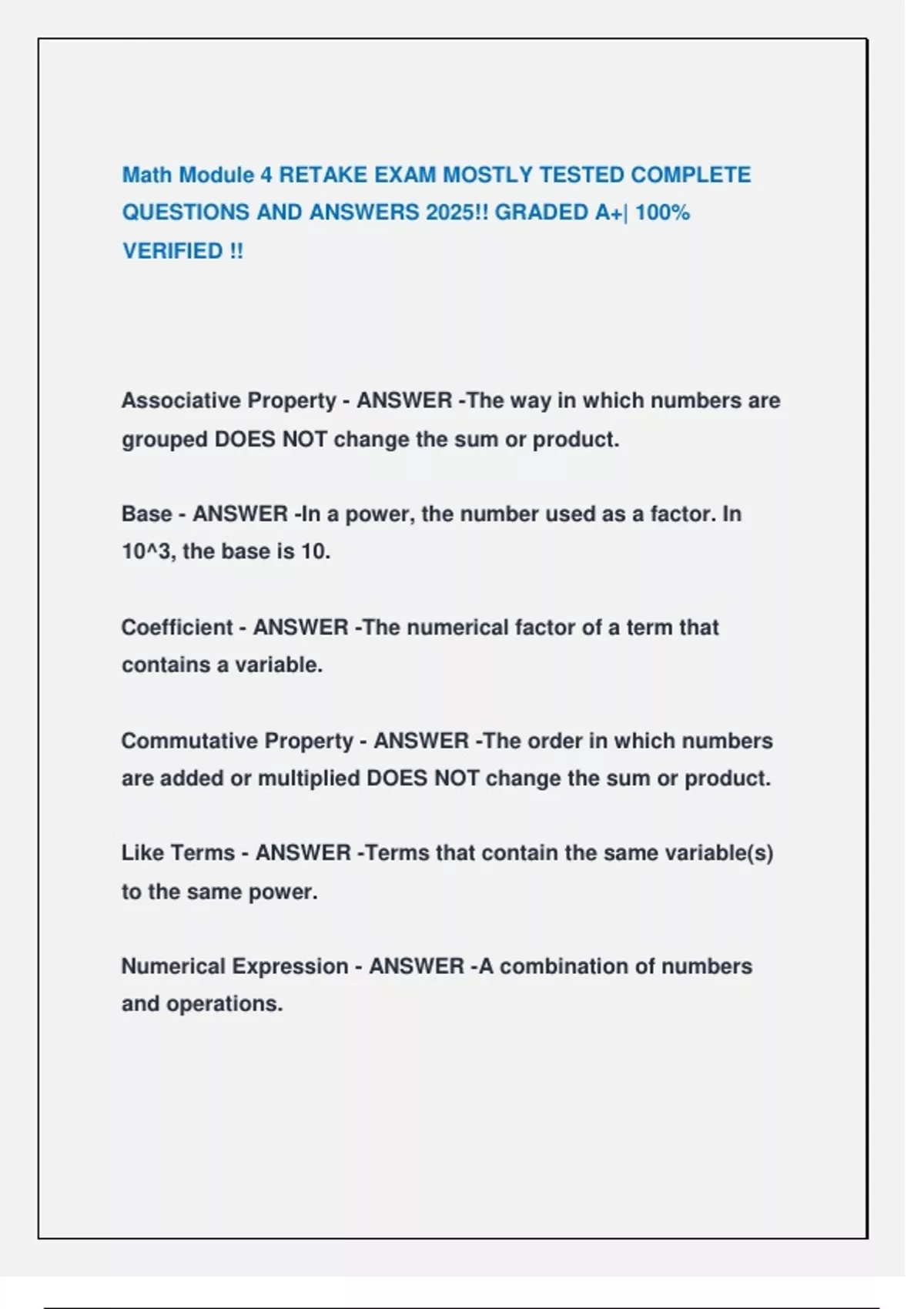 Math Module 4 RETAKE EXAM MOSTLY TESTED COMPLETE QUESTIONS AND ANSWERS ...
