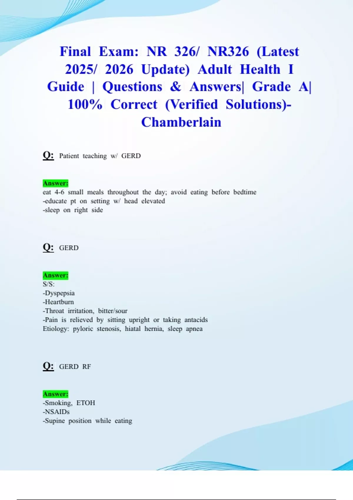 Final Exam: NR 324/ NR324 (Latest 2025/ 2026 Update) Adult Health I ...