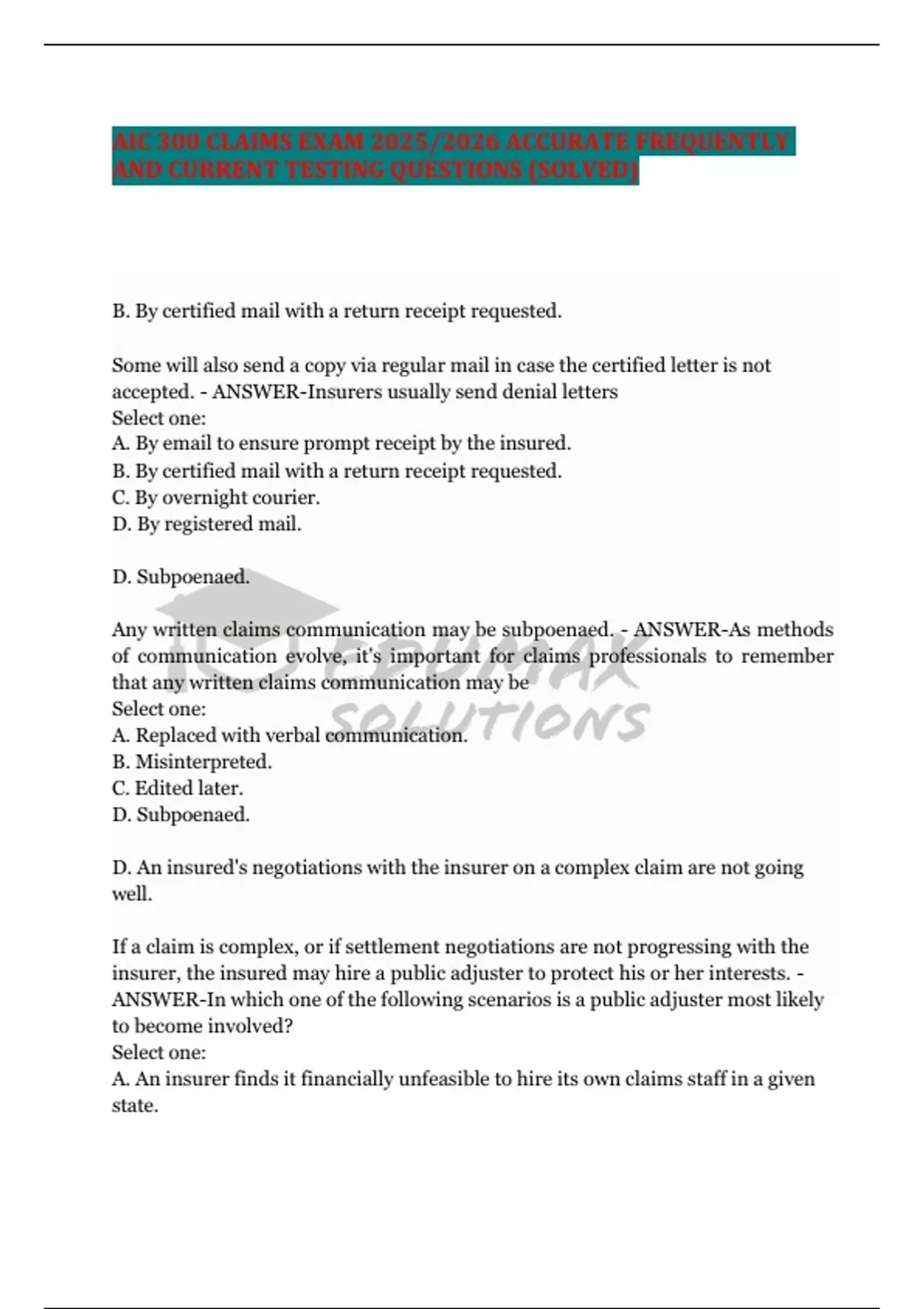 AIC 300 CLAIMS EXAM 2025/2026 ACCURATE FREQUENTLY AND CURRENT TESTING ...