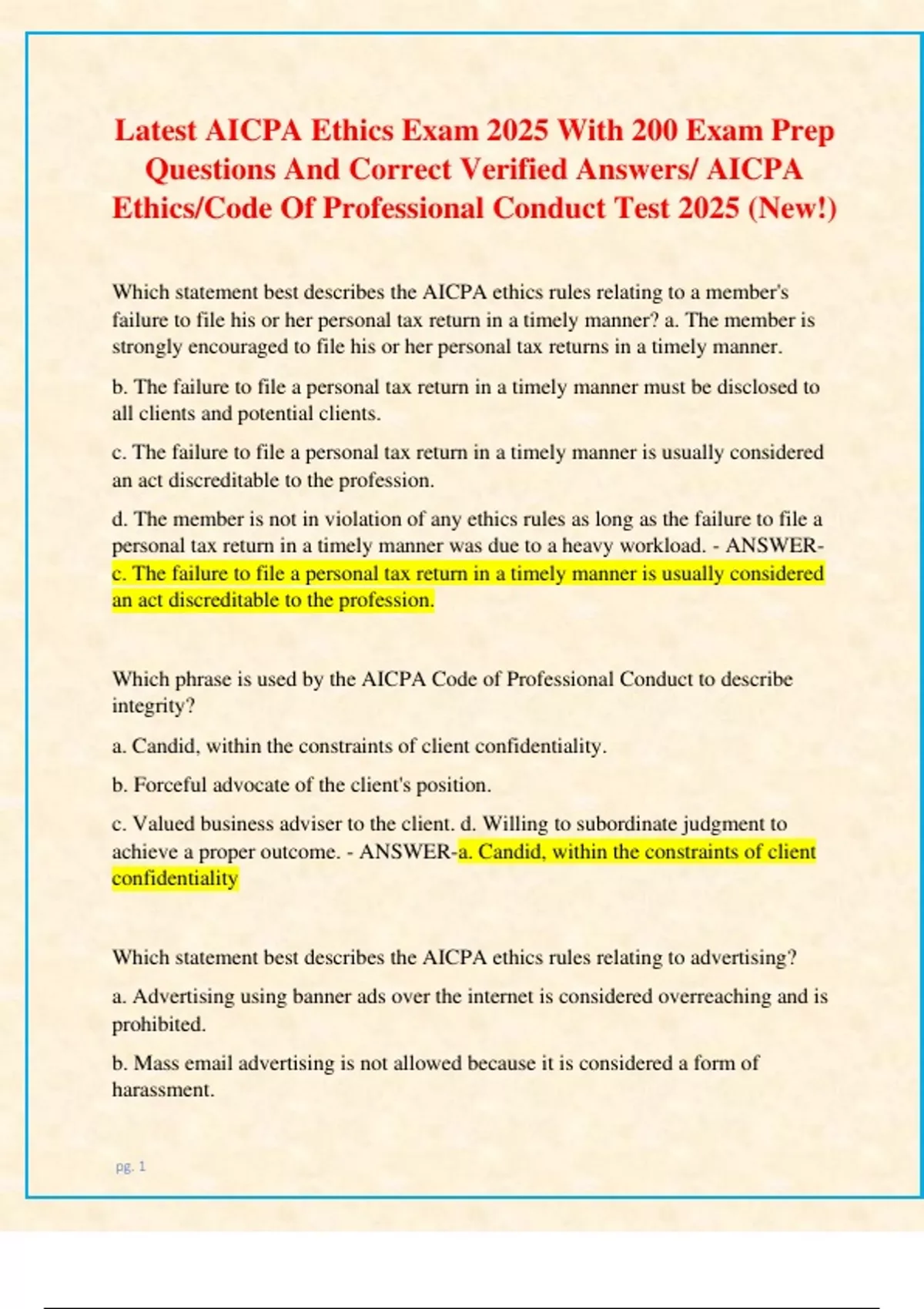 Latest AICPA Ethics Exam 2025 With 200 Exam Prep Questions And Correct ...