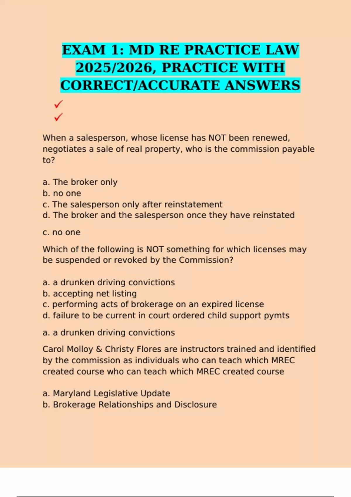 EXAM 1: MD RE PRACTICE LAW 2025/2026, PRACTICE WITH CORRECT/ACCURATE ...