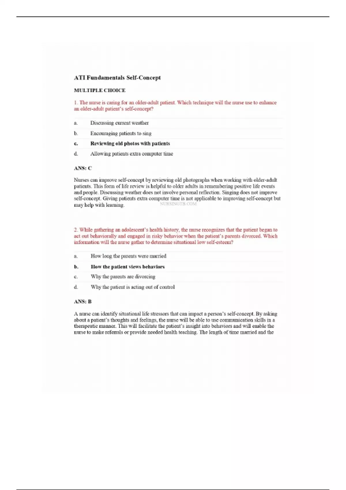 ATI Fundamentals Self-Concept - ATI - Stuvia US