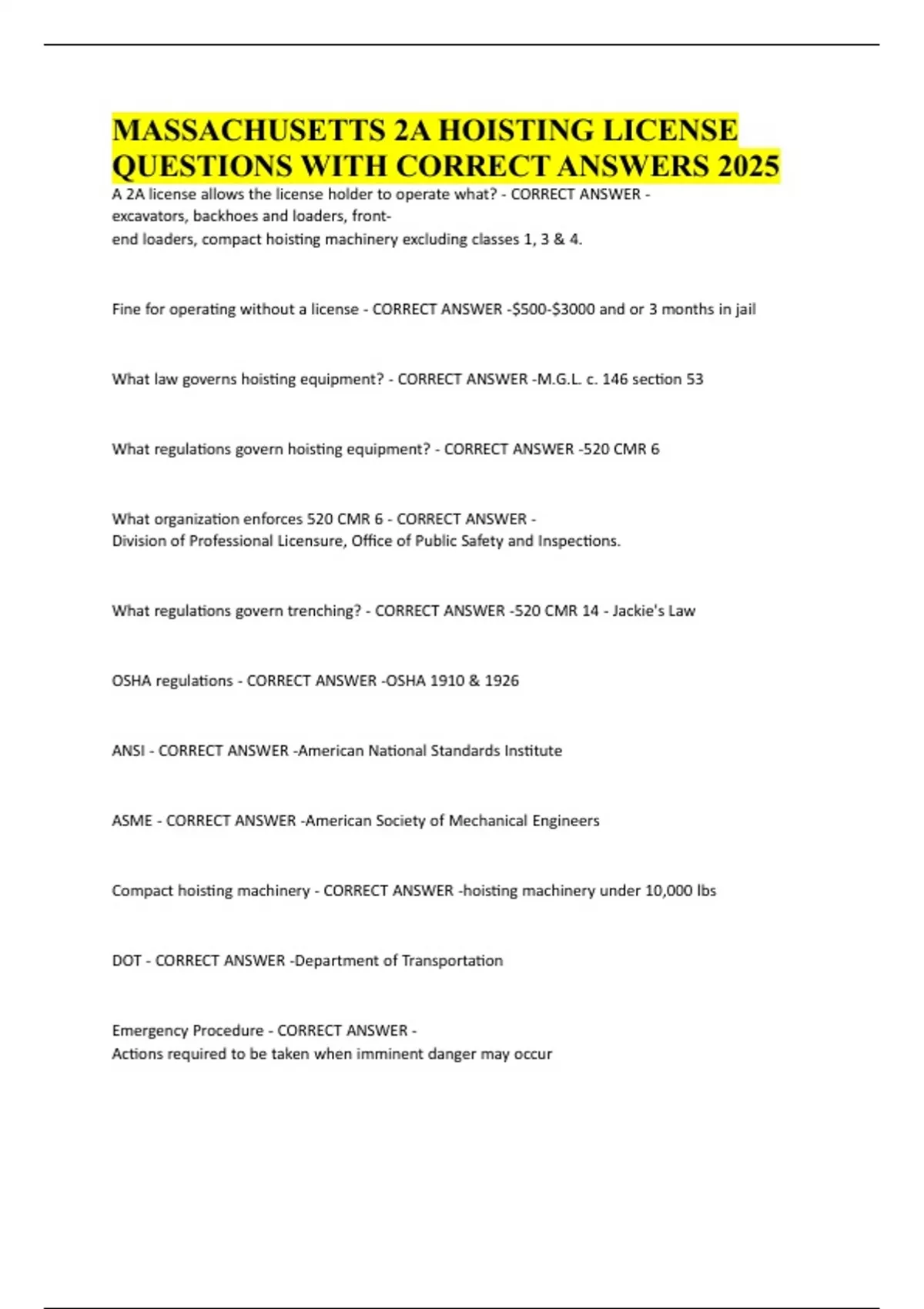 MASSACHUSETTS 2A HOISTING LICENSE QUESTIONS WITH CORRECT ANSWERS 2025 ...
