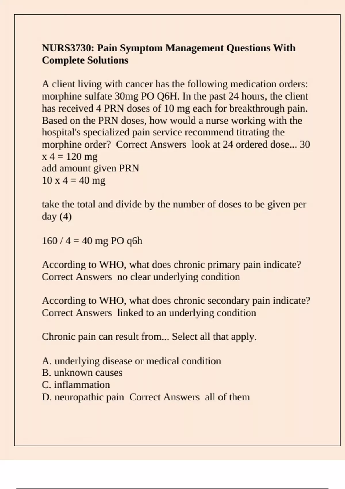 NURS3730: Pain Symptom Management Questions With Complete Solutions ...