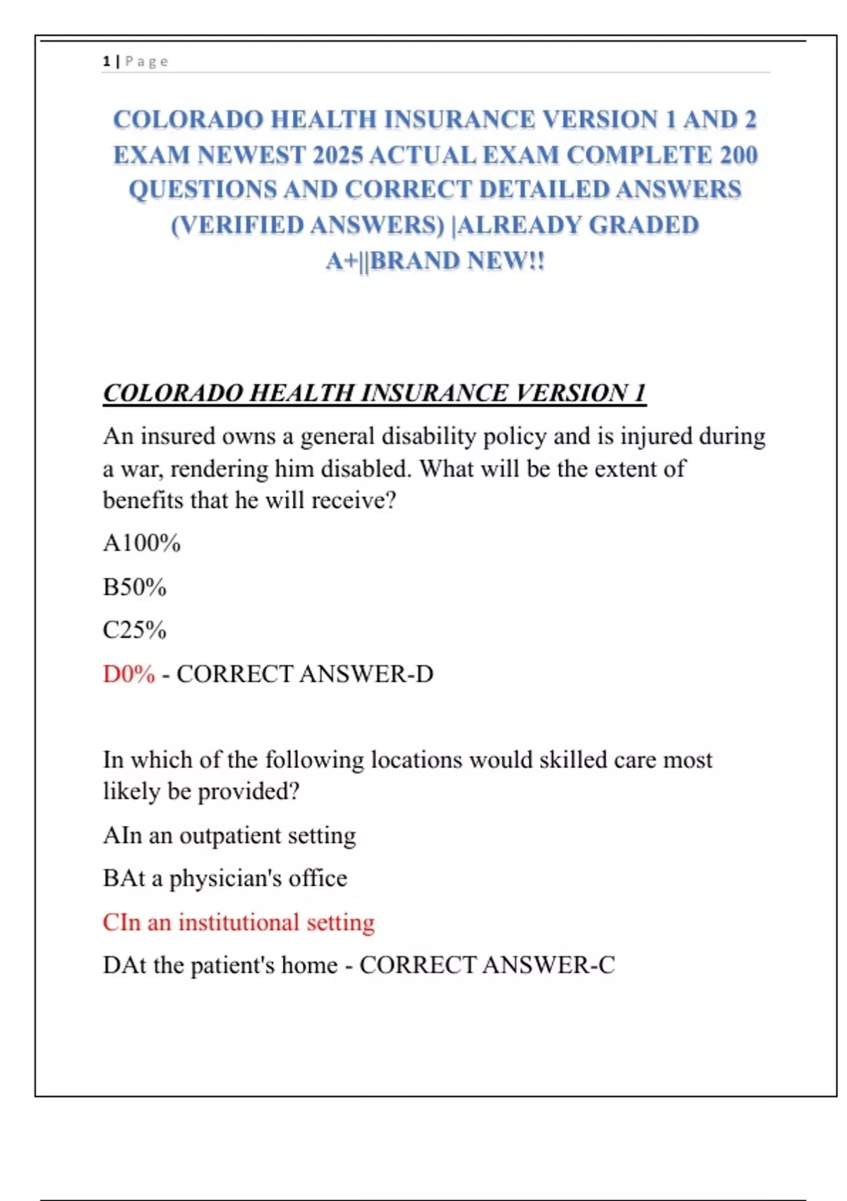 COLORADO HEALTH INSURANCE VERSION 1 AND 2 EXAM NEWEST 2025 ACTUAL EXAM ...