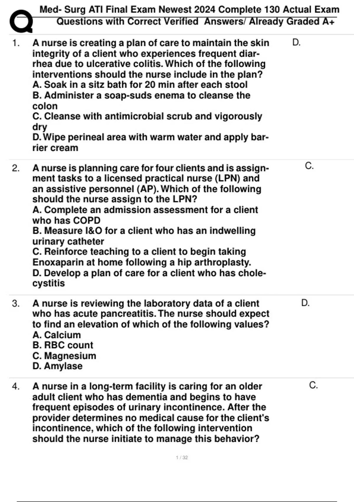 Med- Surg ATI Final Exam Newest 2024 Complete 130 Actual Exam Questions ...