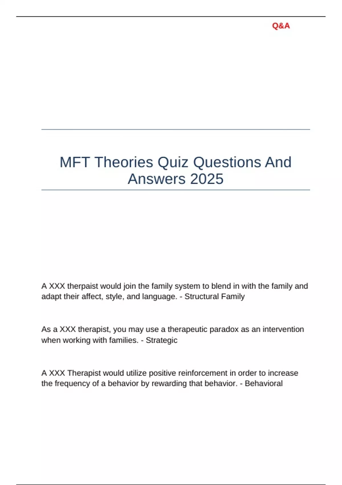 MFT Theories Quiz Questions And Answers 2025 - MFT - Stuvia US