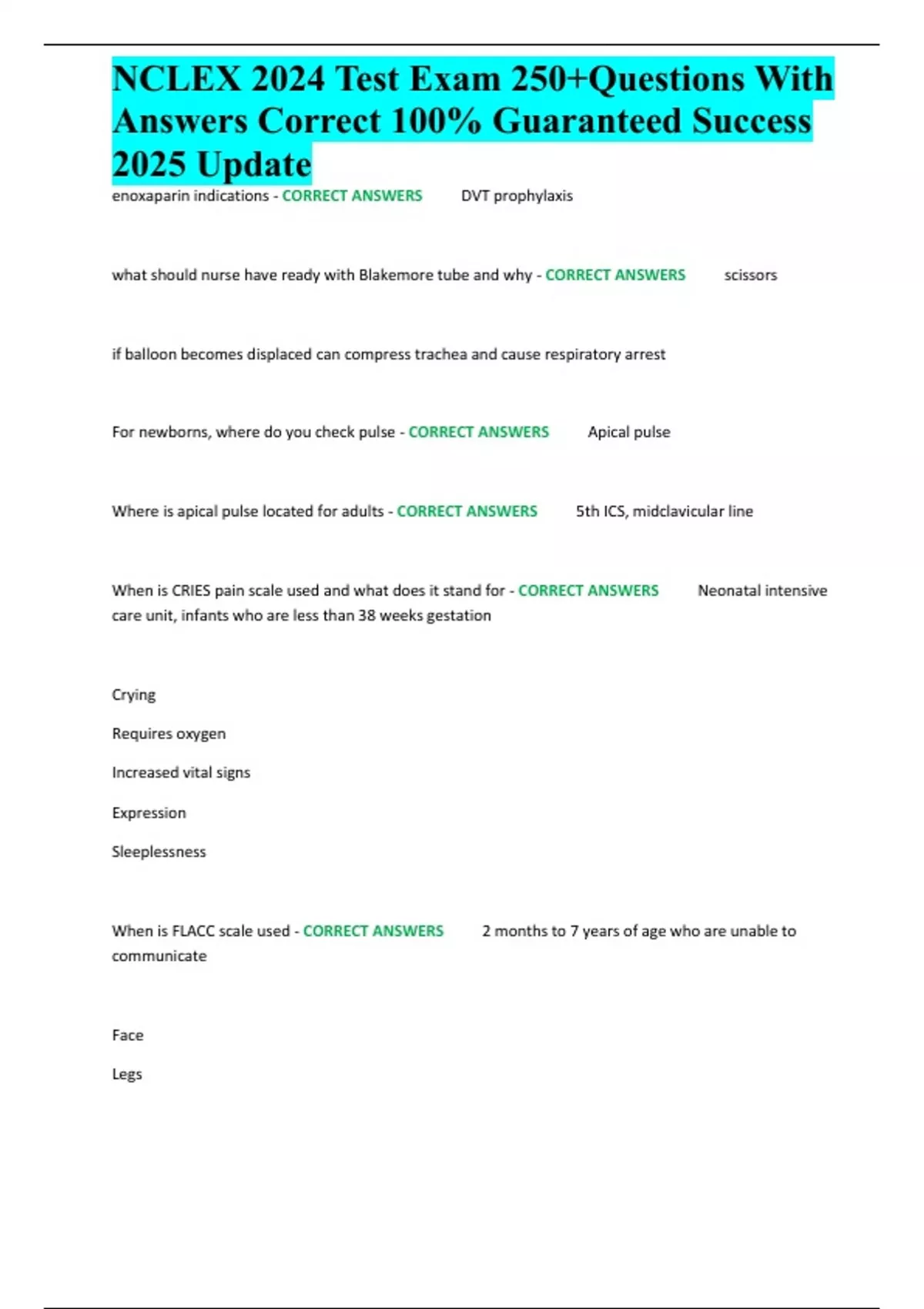 NCLEX 2024 Test Exam 250+Questions With Answers Correct 100% Guaranteed ...