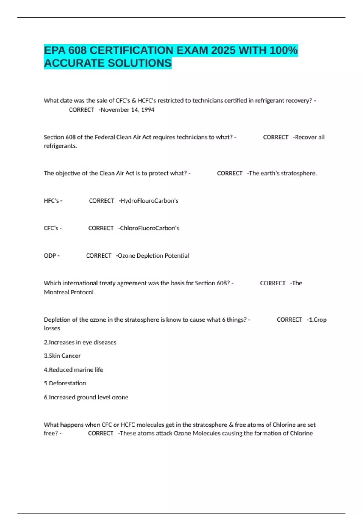 EPA 608 CERTIFICATION EXAM 2025 WITH 100% ACCURATE SOLUTIONS - EPA 608 ...