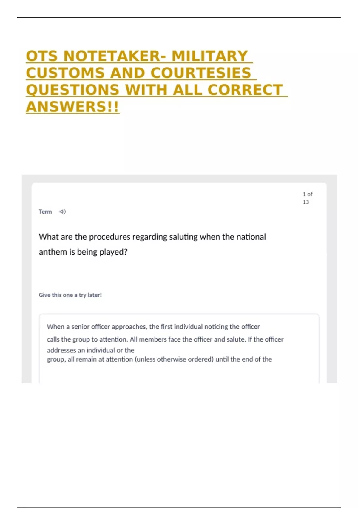 OTS NOTETAKER- MILITARY CUSTOMS AND COURTESIES QUESTIONS WITH ALL ...