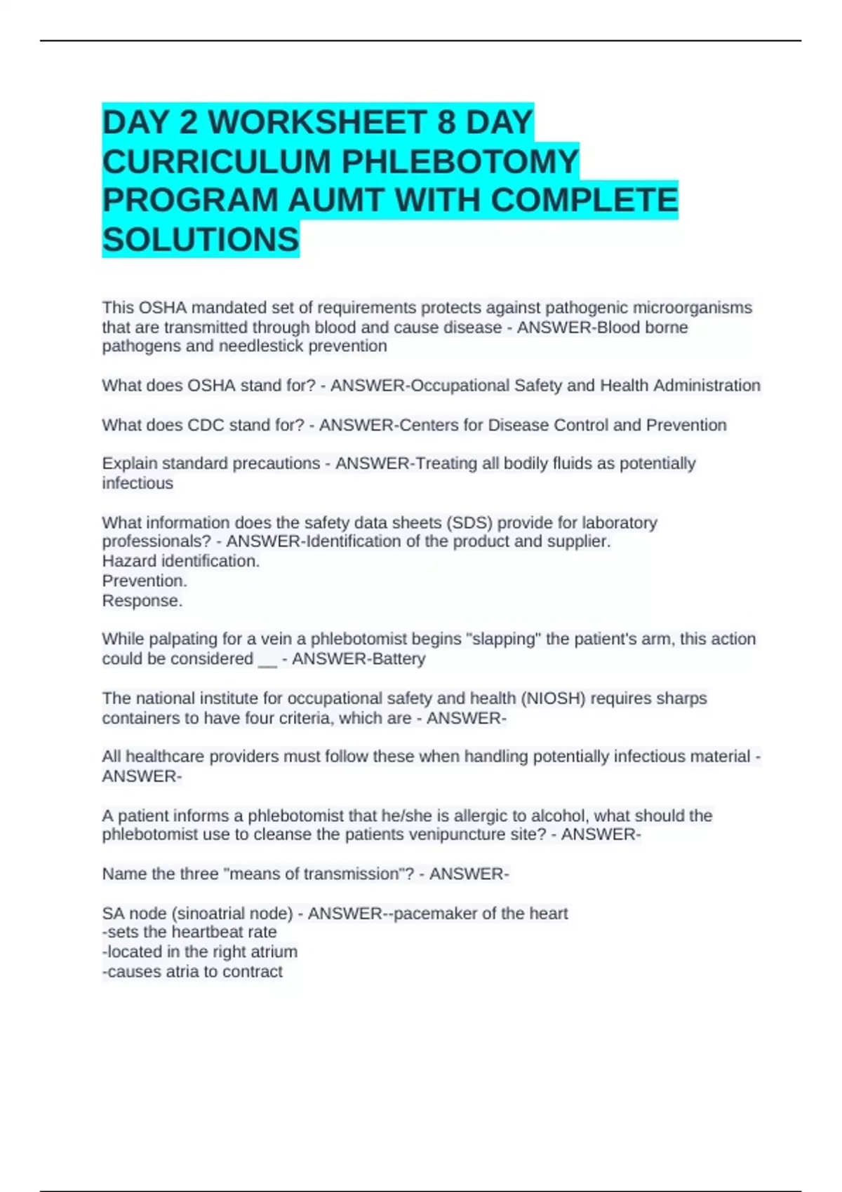 DAY 2 WORKSHEET 8 DAY CURRICULUM PHLEBOTOMY PROGRAM AUMT WITH COMPLETE SOLUTIONS - DAY 2 ...