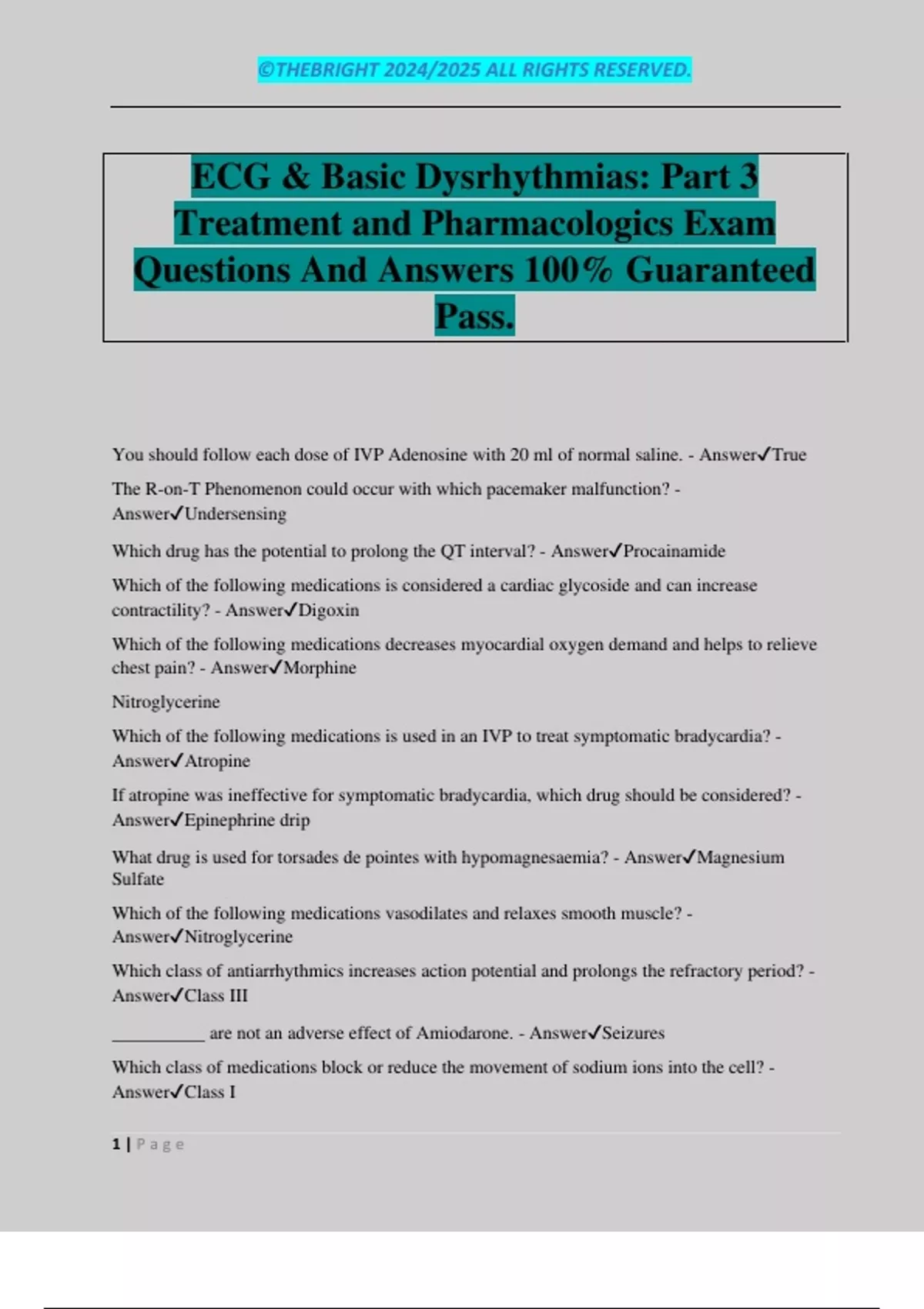 ECG & Basic Dysrhythmias: Part 3 Treatment and Pharmacologics Exam ...