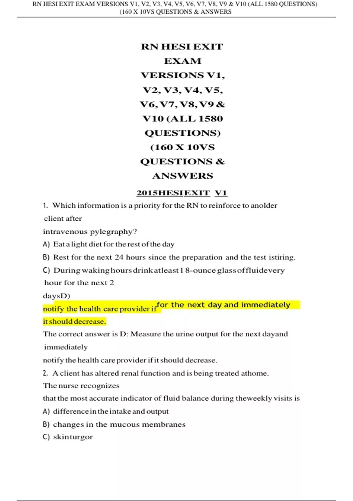 RN HESI EXIT EXAM VERSIONS V1, V2, V3, V4, V5, V6, V7, V8, V9 & V10 (ALL 1580 QUESTIONS) (160 X ...
