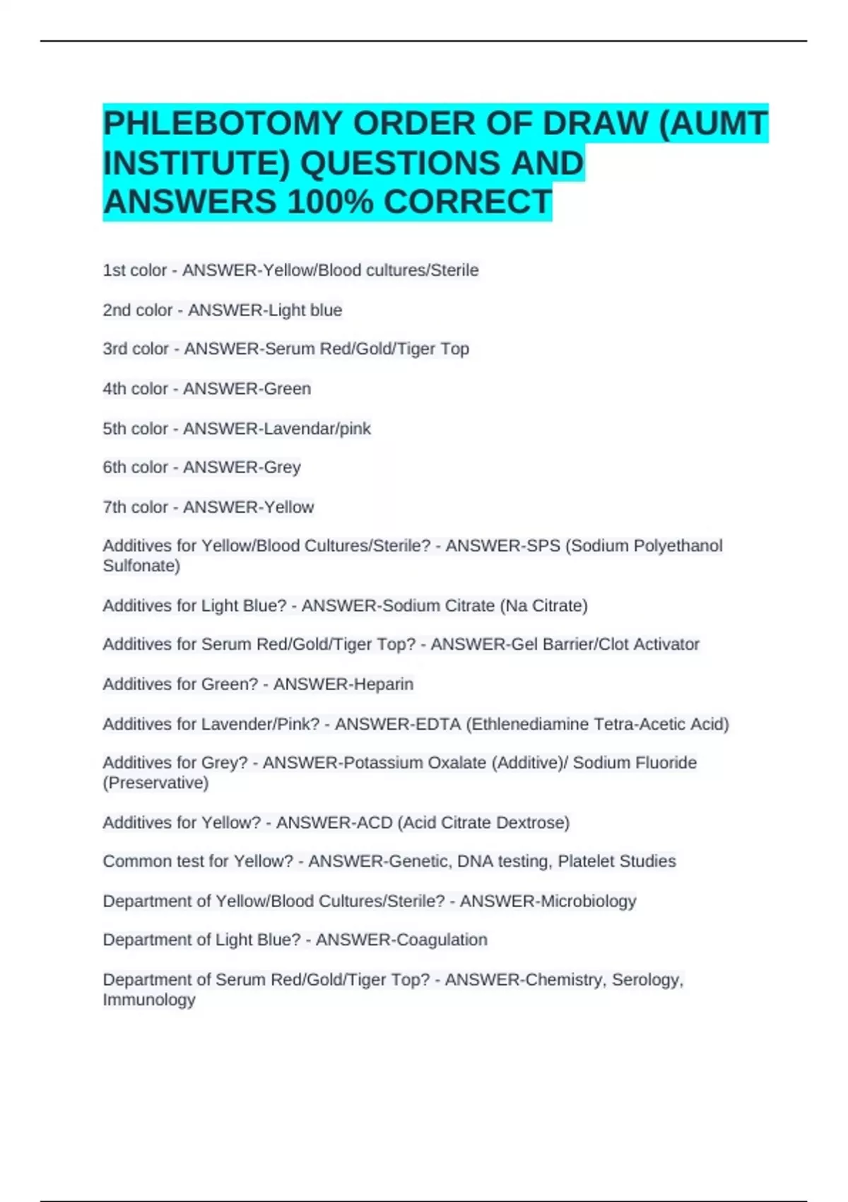 PHLEBOTOMY ORDER OF DRAW (AUMT INSTITUTE) QUESTIONS AND ANSWERS 100% CORRECT - PHLEBOTOMY ORDER ...