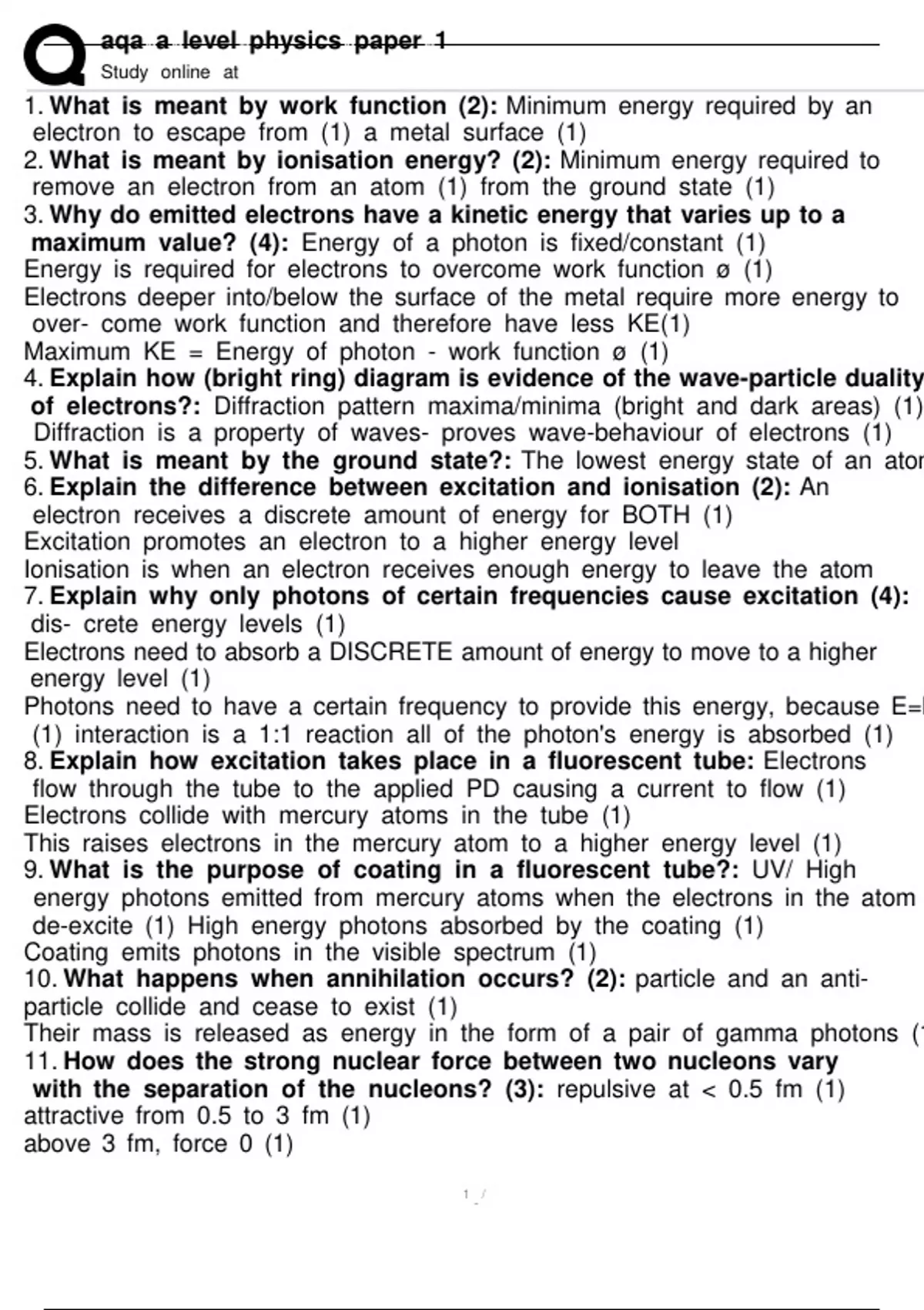 AQA A LEVEL PHYSICS PAPER 1 - AQA A level physics - Stuvia US
