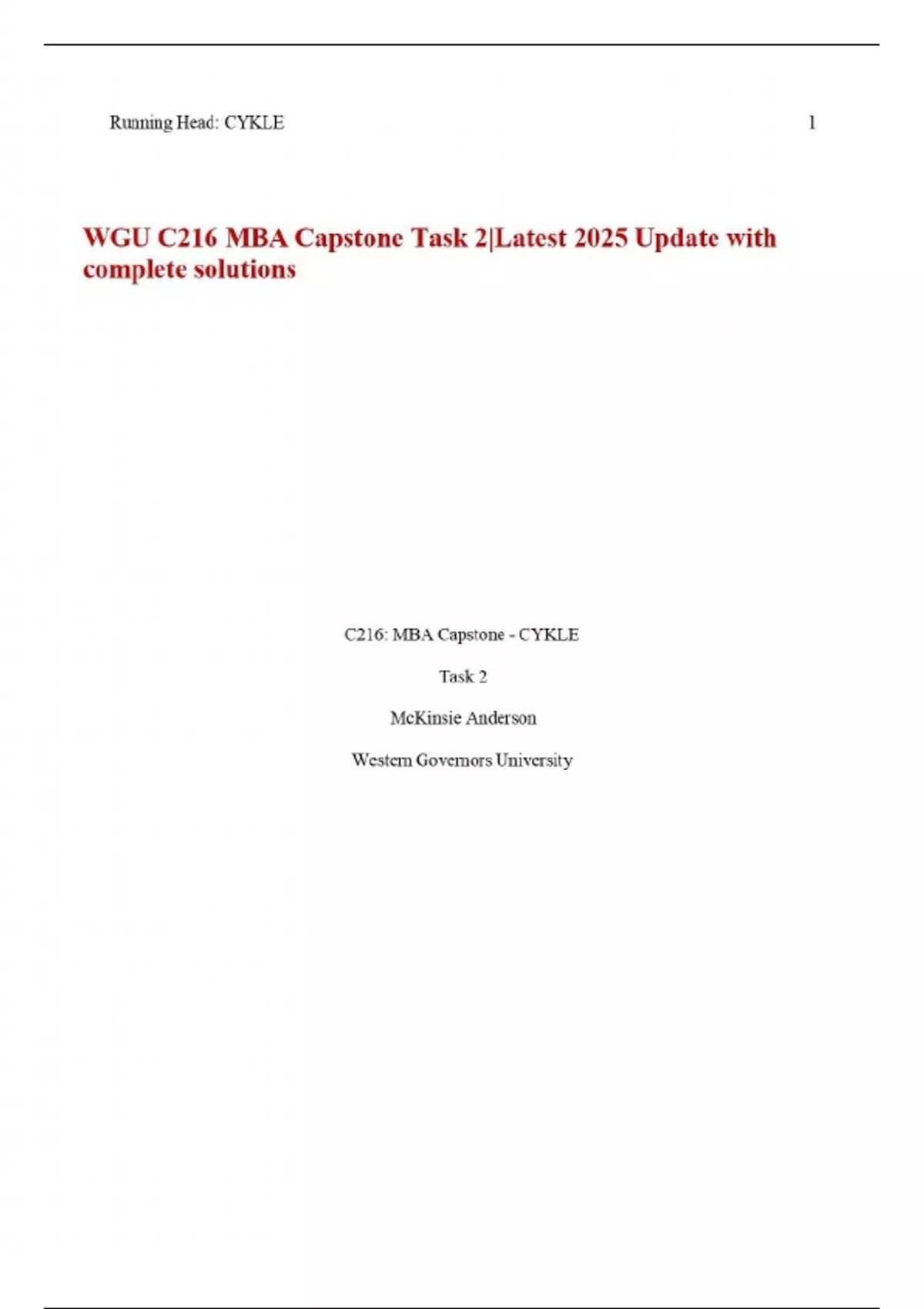 WGU C216 MBA Capstone Task 2|Latest 2025 Update with complete solutions ...