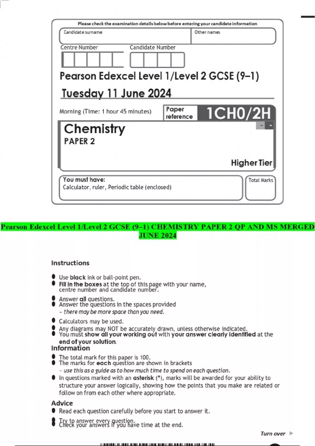 Pearson Edexcel Level 1/Level 2 GCSE (9–1) CHEMISTRY PAPER 2 QP AND MS ...