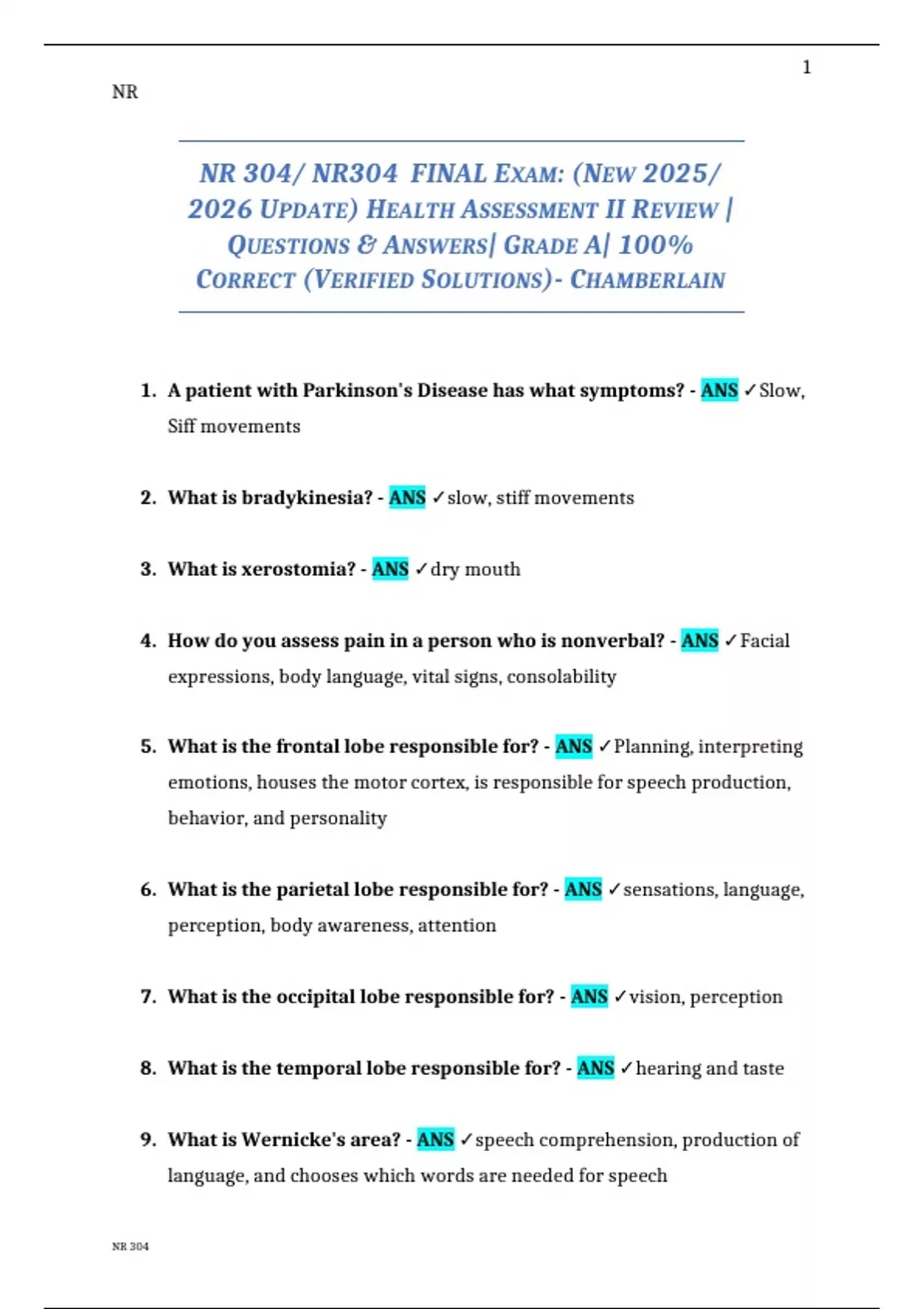 NR 304/ NR304 – Health Assessment II Final Exam Questions & Verified Answers (Chamberlain ...
