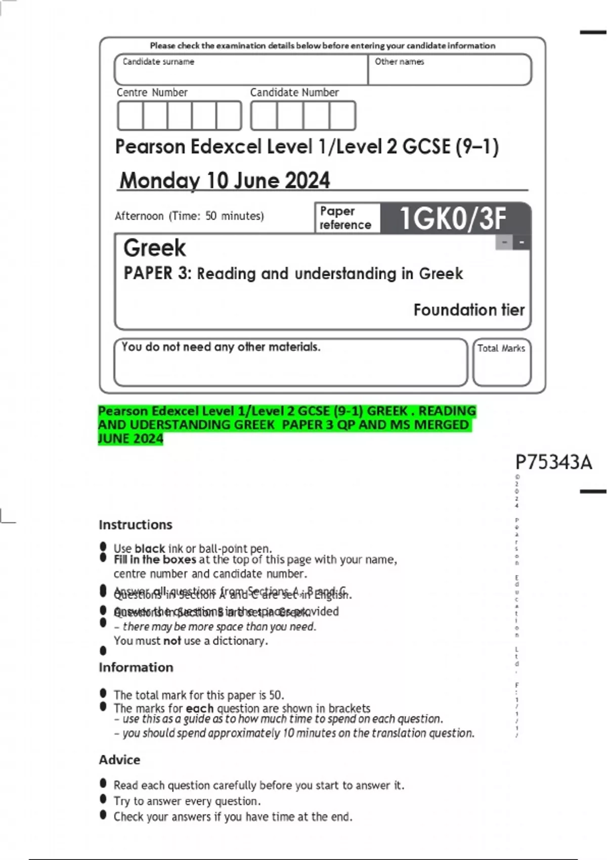 Pearson Edexcel Level 1/Level 2 GCSE (9–1) GREEK . READING AND ...