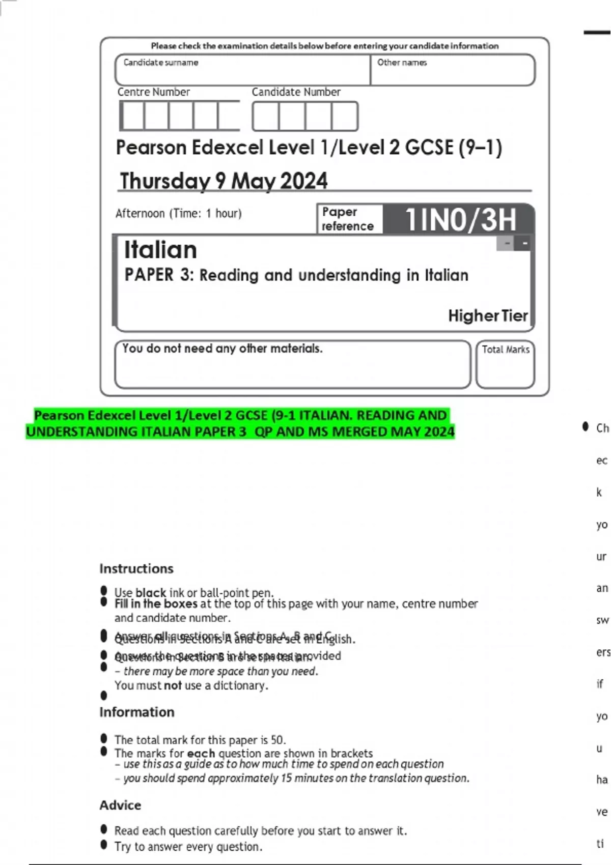 Pearson Edexcel Level 1/Level 2 GCSE (9-1 ITALIAN. READING AND ...