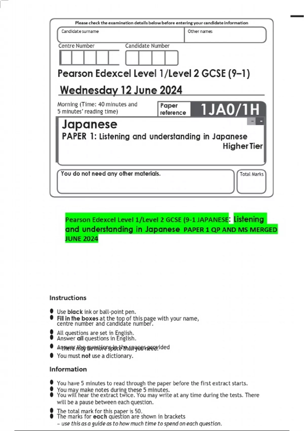 Pearson Edexcel Level 1/Level 2 GCSE (9-1 JAPANESE: Listening and ...