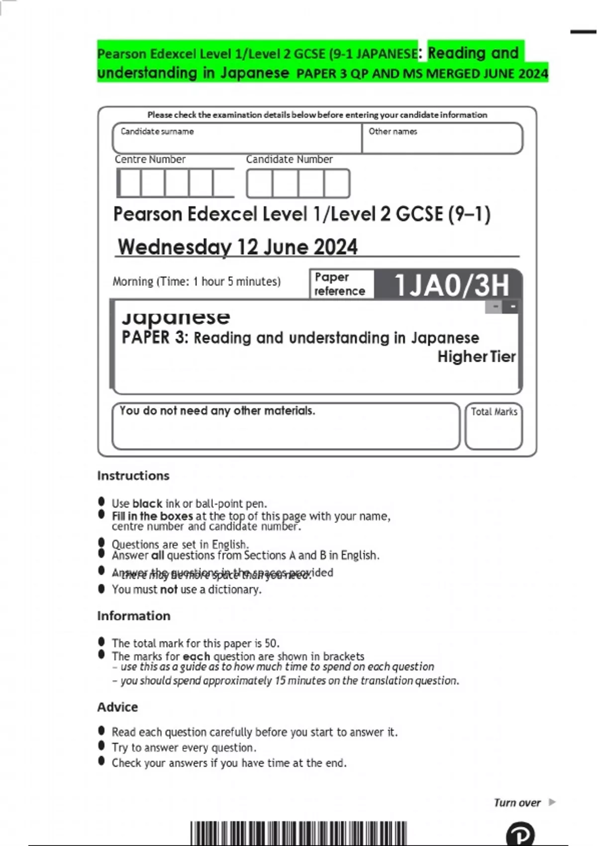 Pearson Edexcel Level 1/Level 2 GCSE (9-1 JAPANESE: Reading and ...