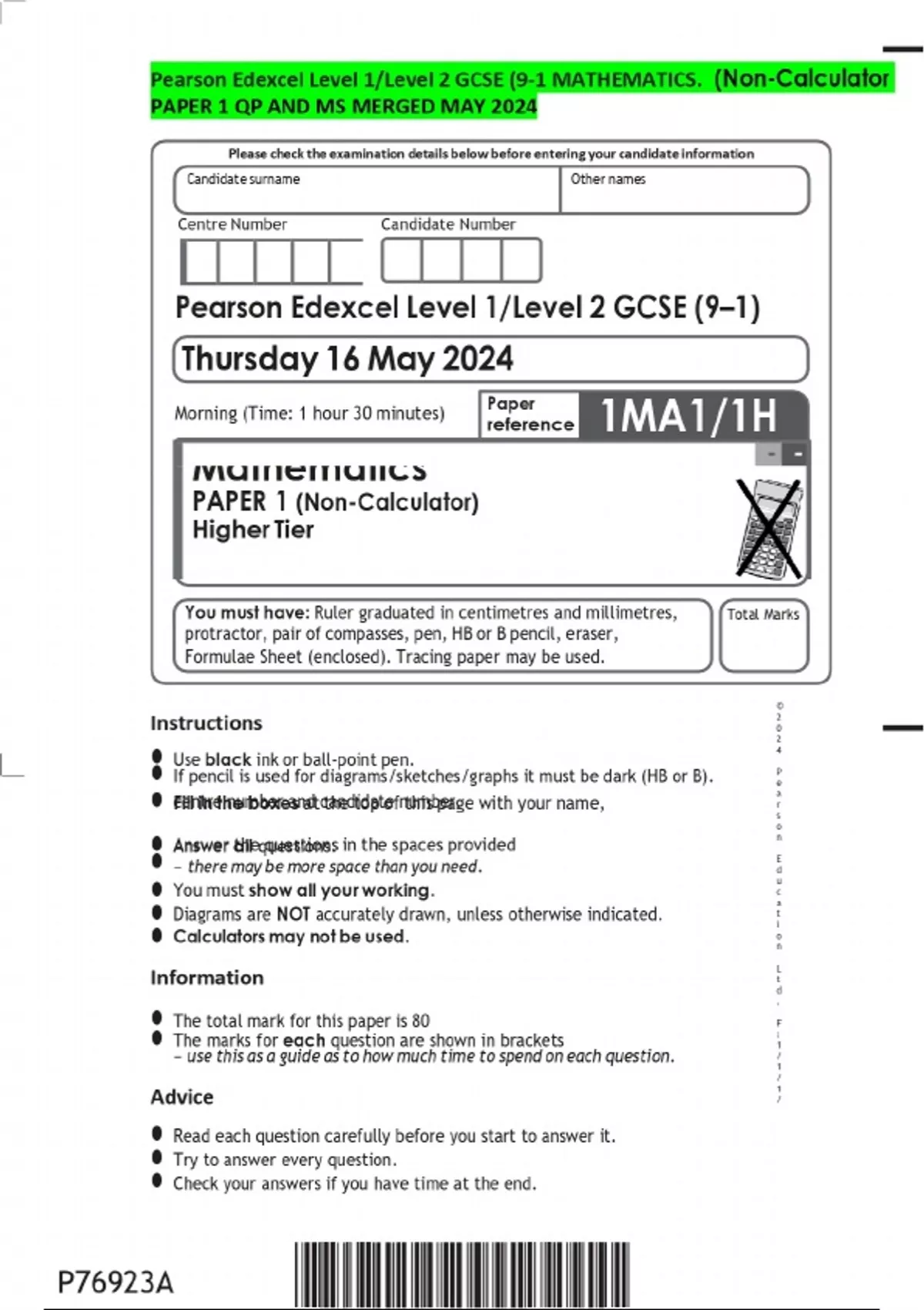 Pearson Edexcel Level 1/Level 2 GCSE (9-1 MATHEMATICS. (Non-Calculator ...