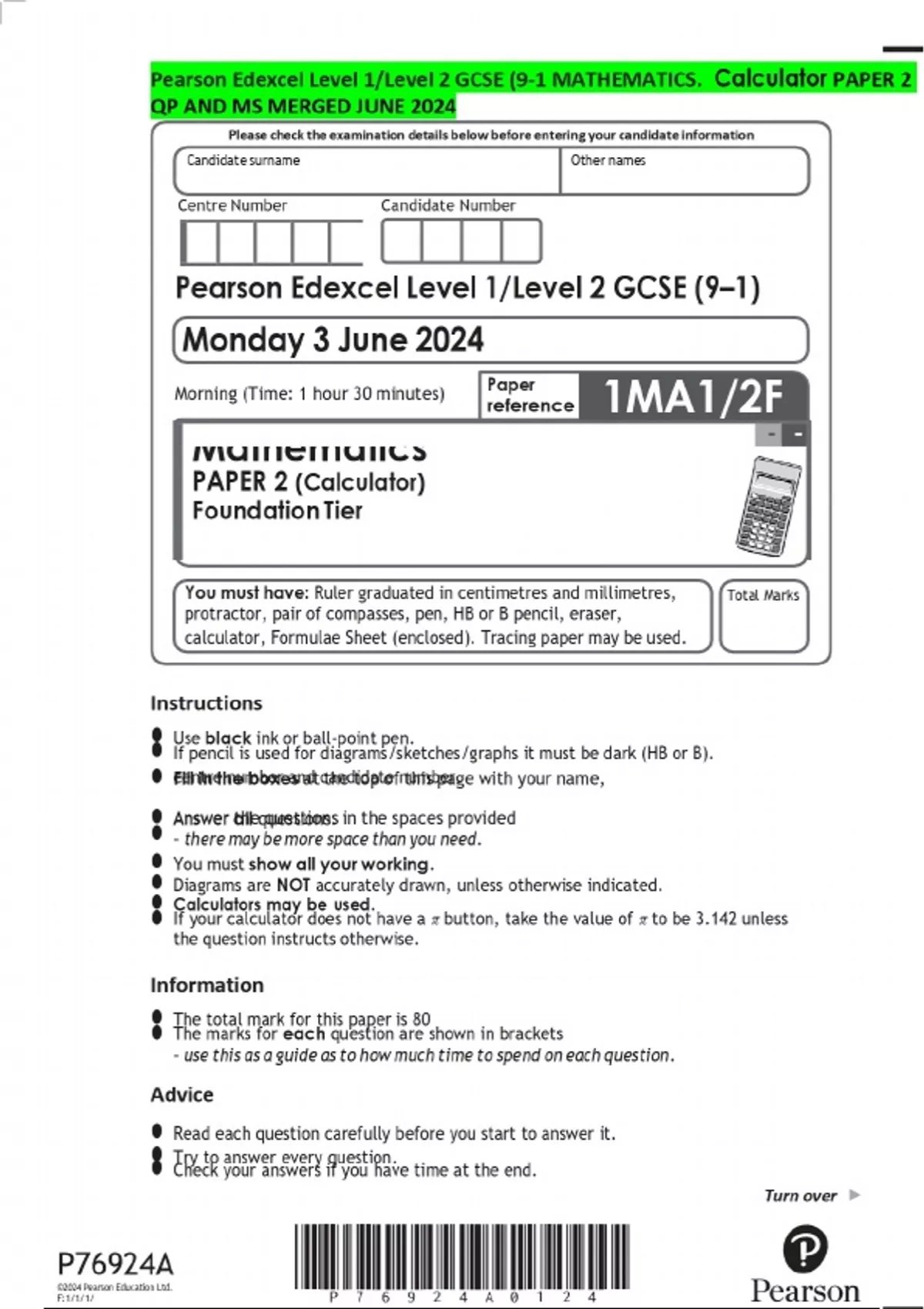 Pearson Edexcel Level 1/Level 2 GCSE (9-1 MATHEMATICS. Calculator PAPER ...
