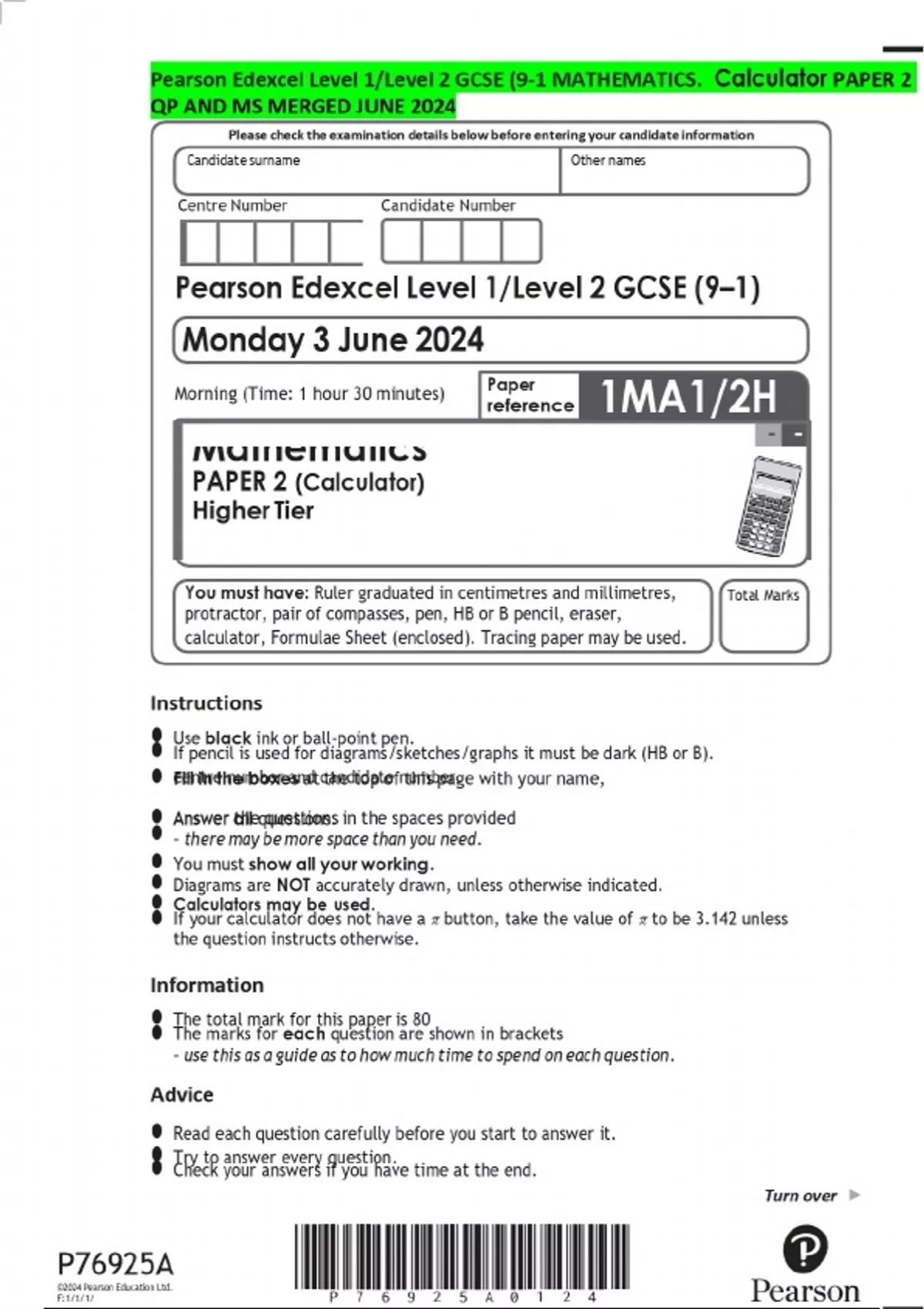 Pearson Edexcel Level 1/Level 2 GCSE (9-1 MATHEMATICS. Calculator PAPER ...