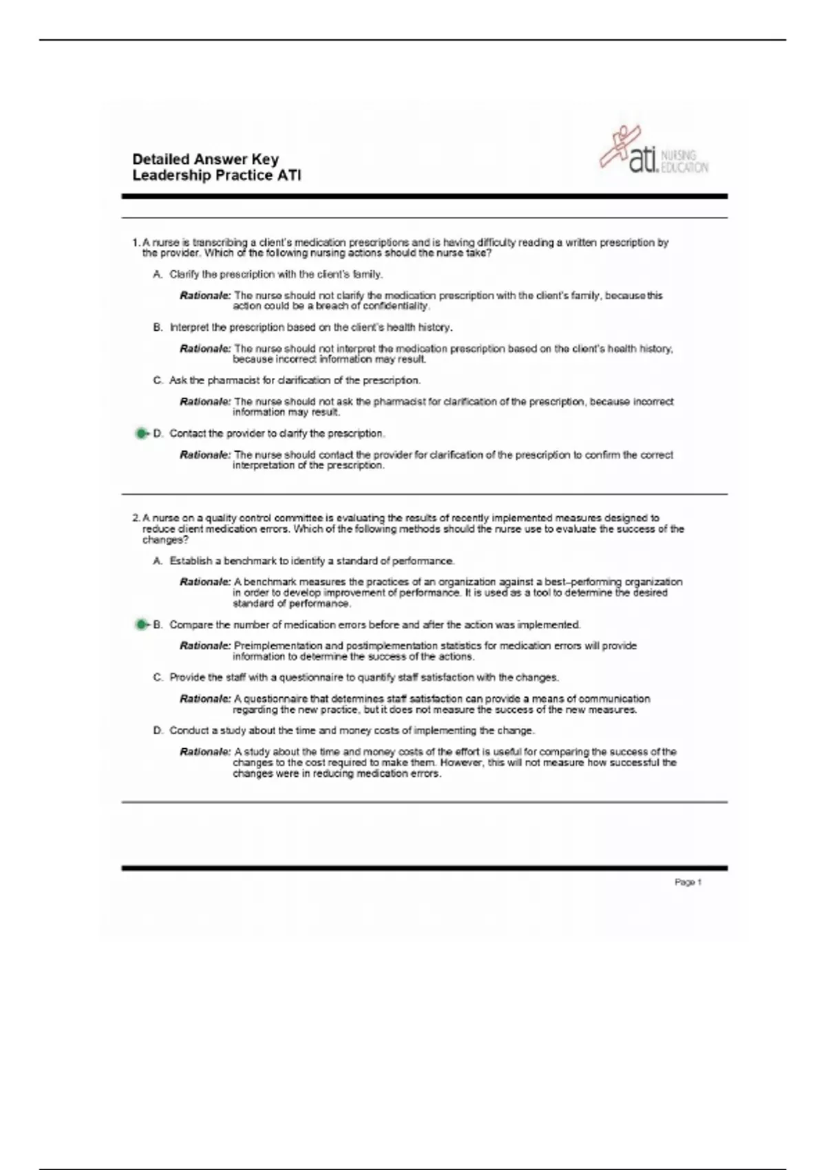 ATI Detailed Answer Key Leadership Assessment (Verified Answers ...