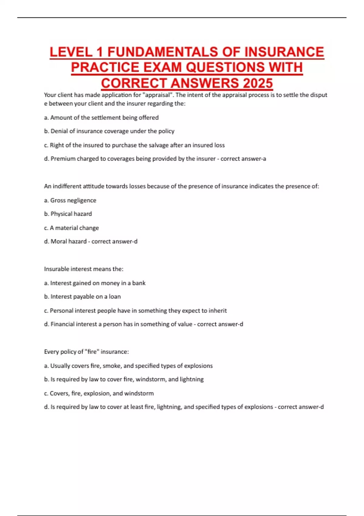 LEVEL 1 FUNDAMENTALS OF INSURANCE PRACTICE EXAM QUESTIONS WITH CORRECT ...