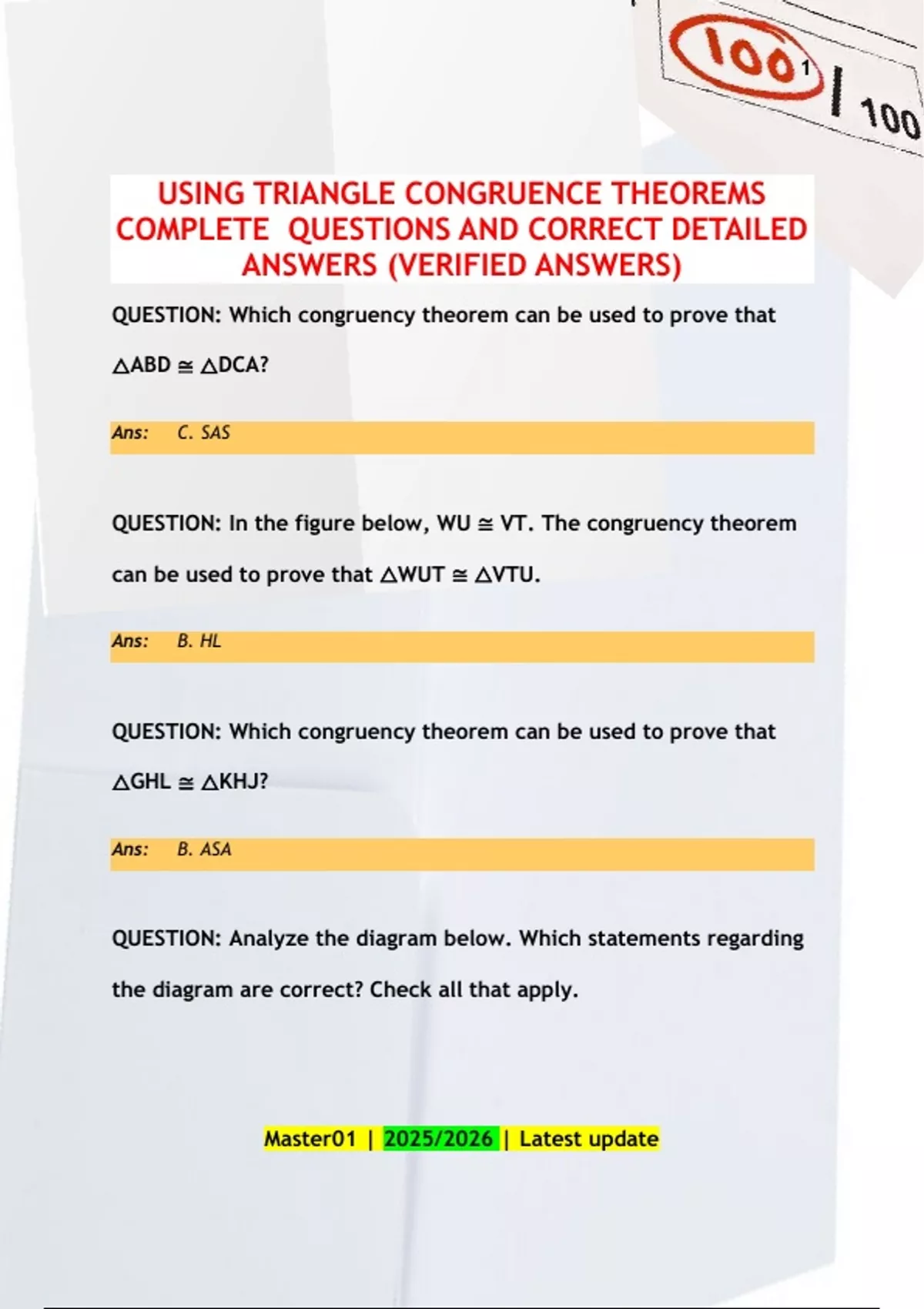 USING TRIANGLE CONGRUENCE THEOREMS COMPLETE QUESTIONS AND CORRECT ...