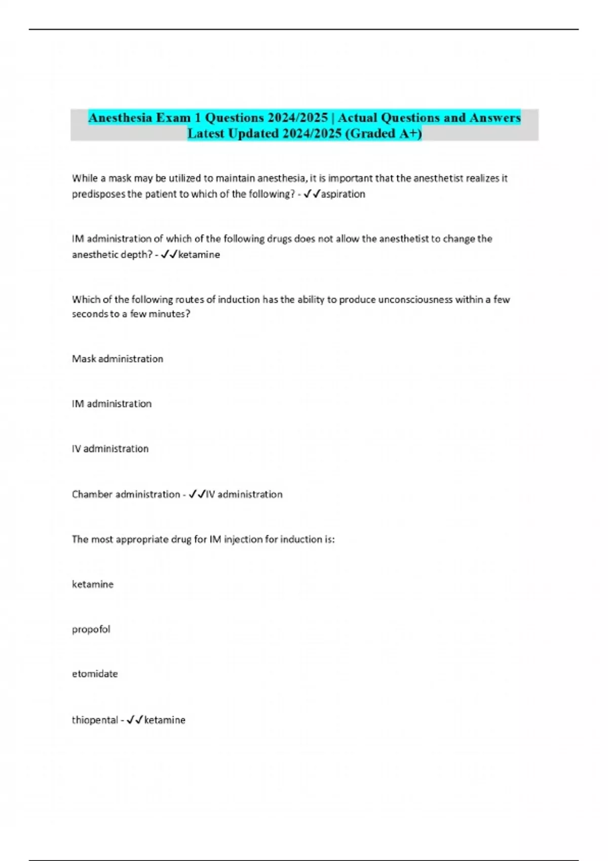 Anesthesia Exam 1 Questions 2024/2025 | Actual Questions and Answers ...