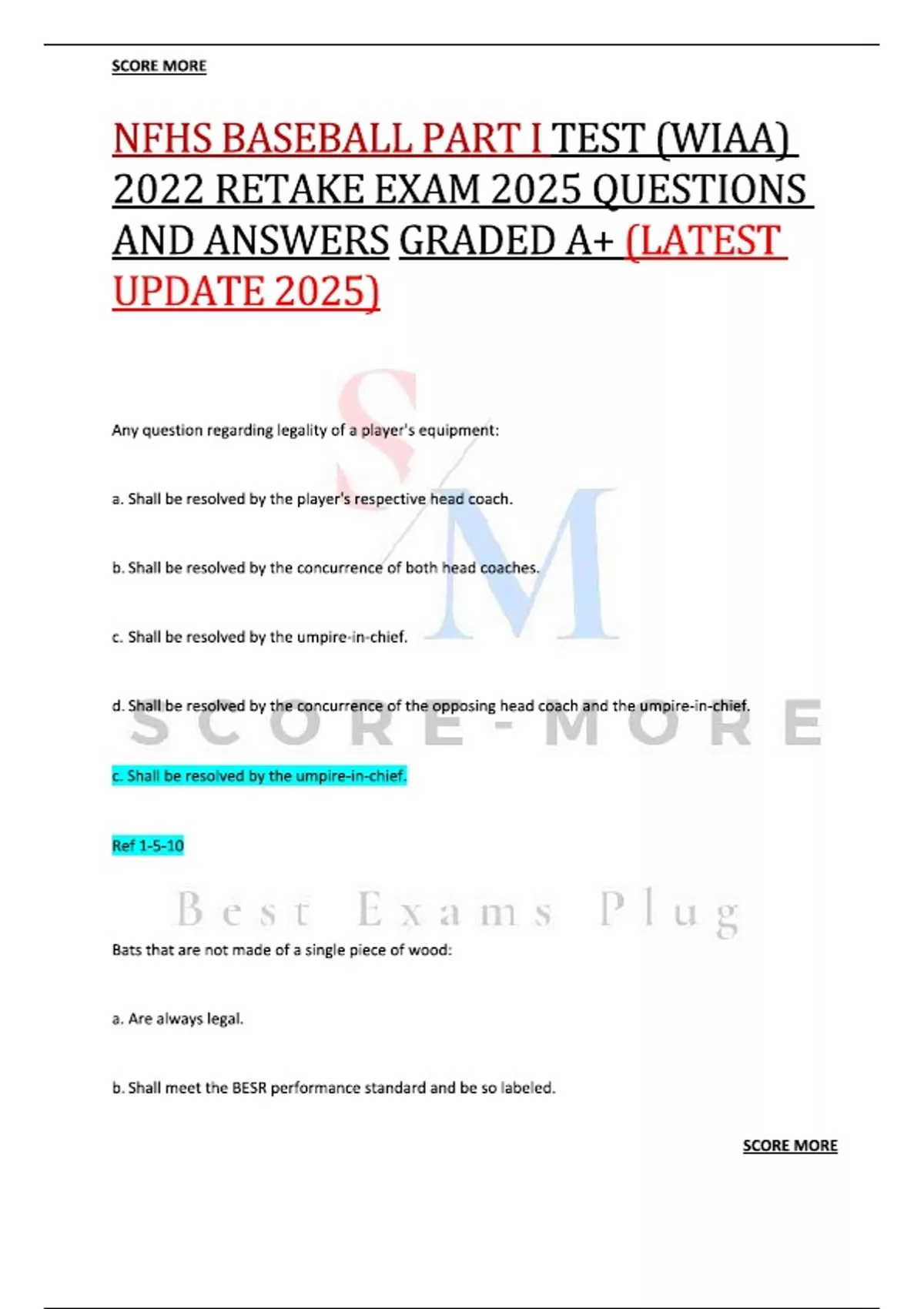 NFHS BASEBALL PART I TEST (WIAA) 2022 RETAKE EXAM 2025 QUESTIONS AND ...