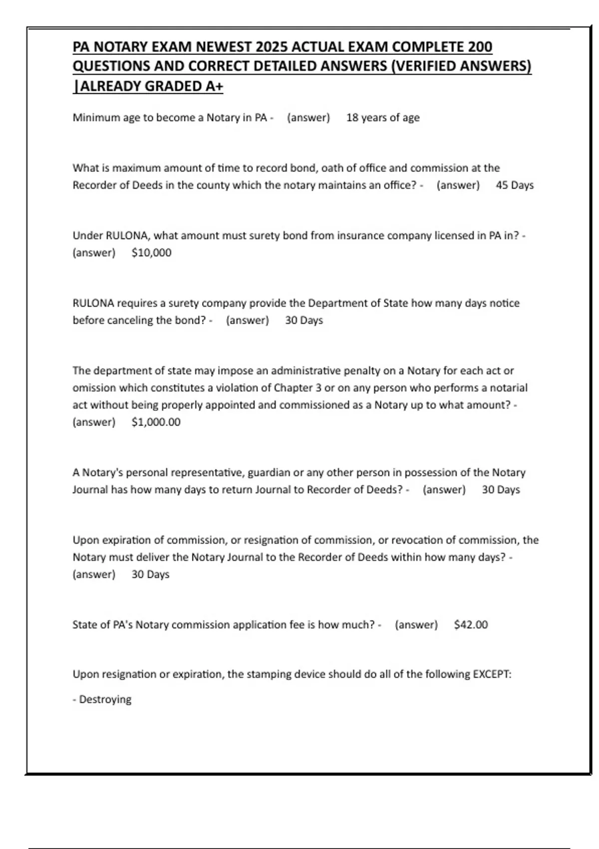 PA NOTARY EXAM NEWEST 2025 ACTUAL EXAM COMPLETE 200 QUESTIONS AND ...