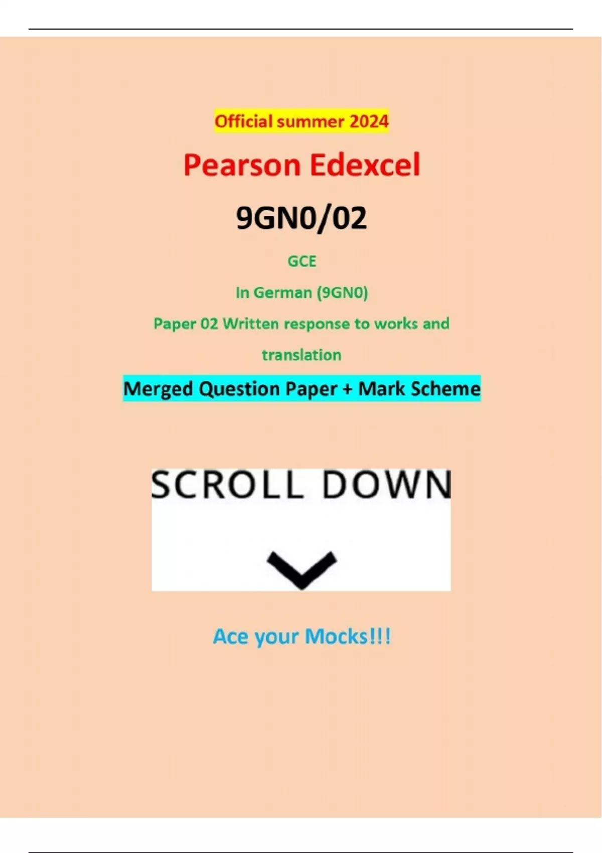 Official summer 2024 Pearson Edexcel 9GN0/02 GCE In German (9GN0) Paper ...