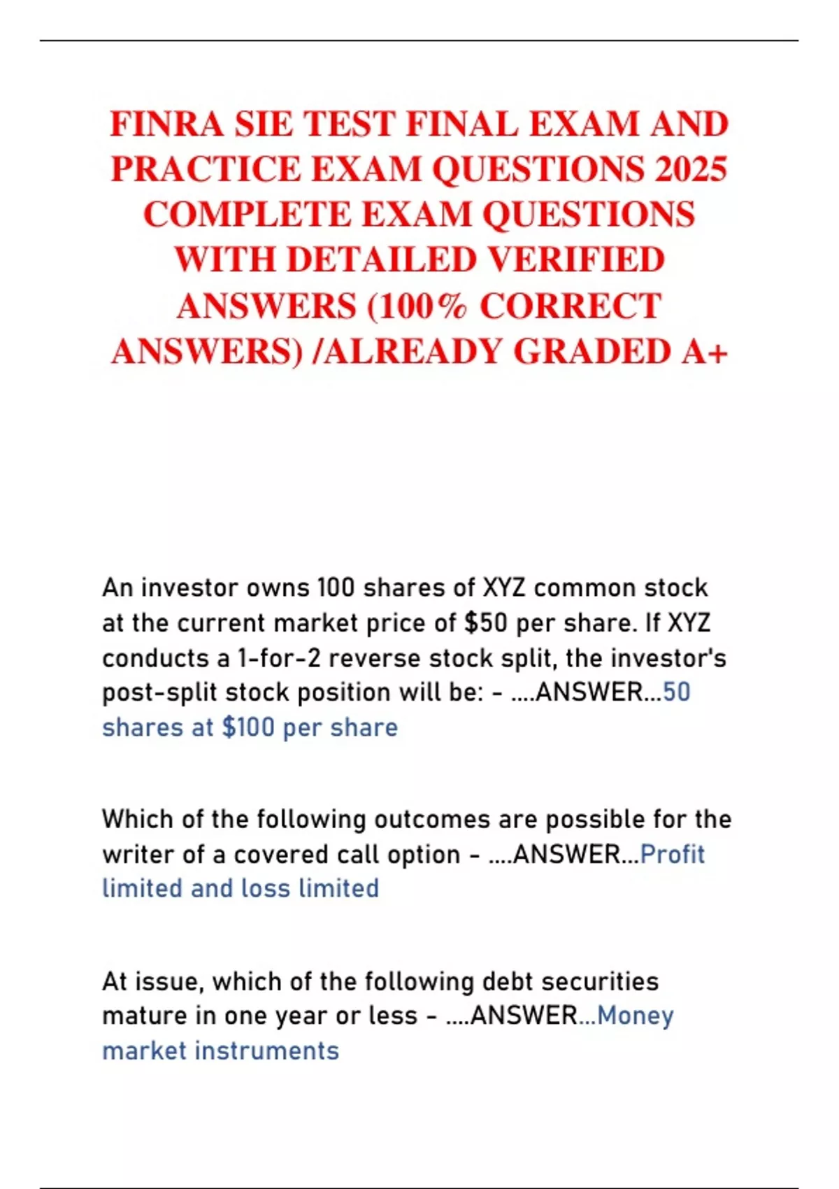 FINRA SIE TEST FINAL EXAM AND PRACTICE EXAM QUESTIONS 2025 COMPLETE ...