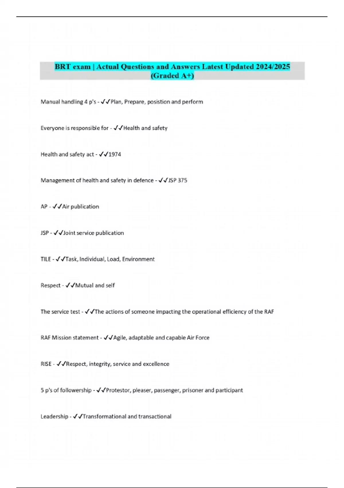 BRT exam | Actual Questions and Answers - BRT - Stuvia US