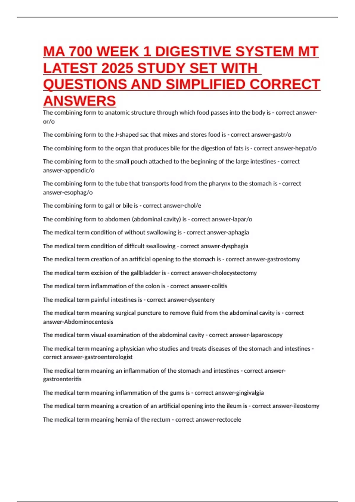 MA 700 WEEK 1 DIGESTIVE SYSTEM MT LATEST 2025 STUDY SET WITH QUESTIONS ...
