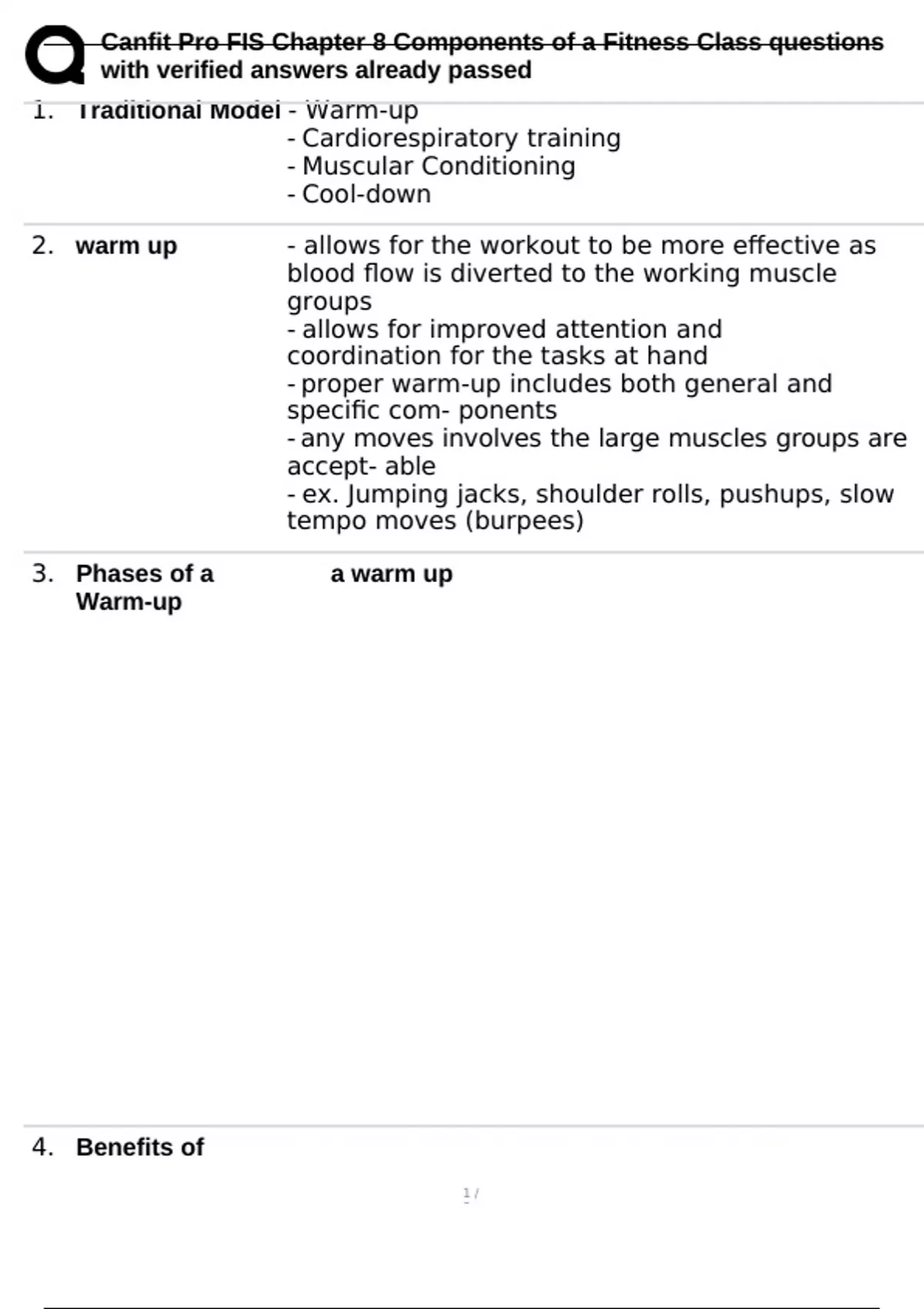 Canfit Pro FIS Chapter 8 Components of a Fitness Class questions with ...