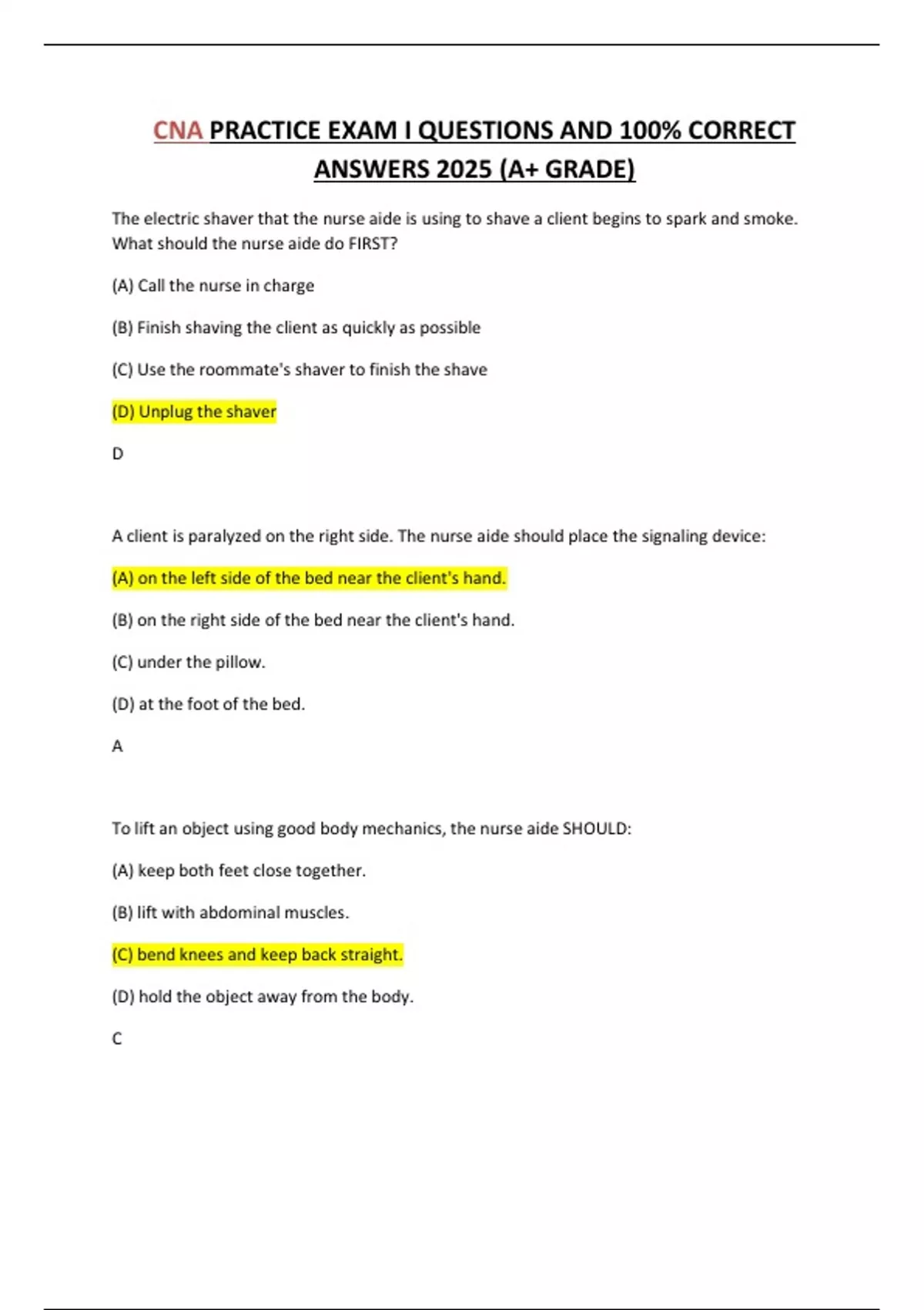 CNA PRACTICE EXAM I QUESTIONS AND 100% CORRECT ANSWERS 2025 (A+ GRADE ...