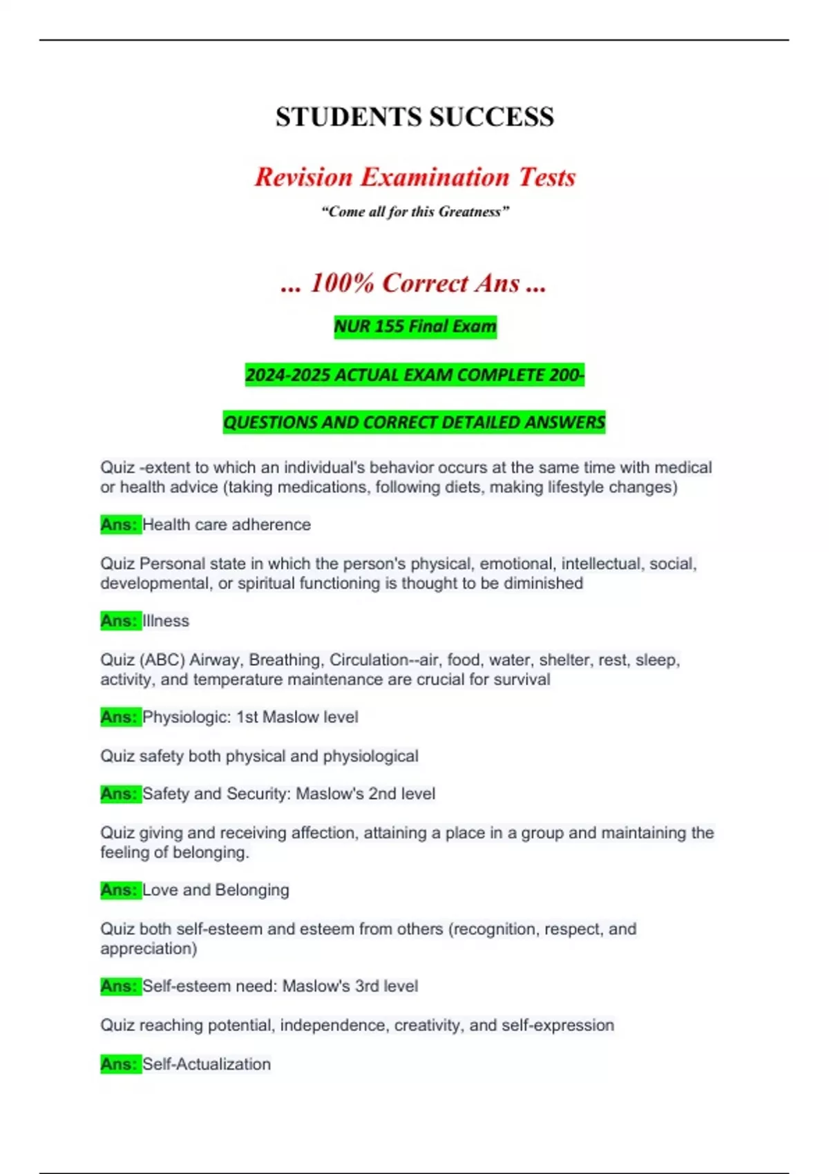 NUR 155 Final Exam ACTUAL EXAM COMPLETE 200- QUESTIONS AND CORRECT DETAILED ANSWERS - NUR 155 ...