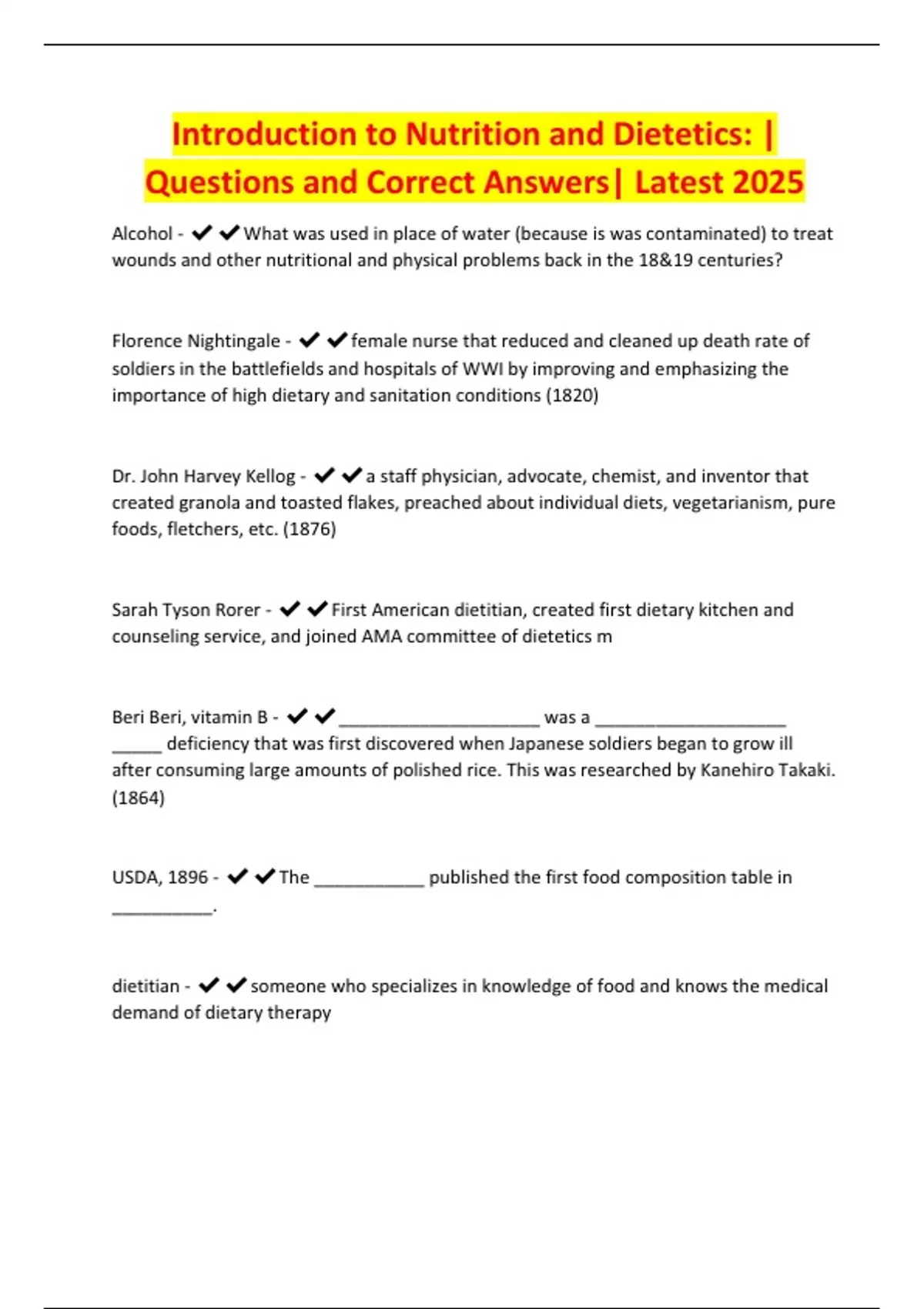 Introduction to Nutrition and Dietetics: | Questions and Correct ...