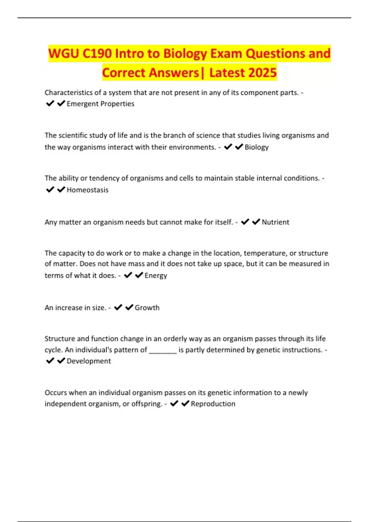 WGU C190 Intro to Biology Exam Questions and Correct Answers| Latest ...