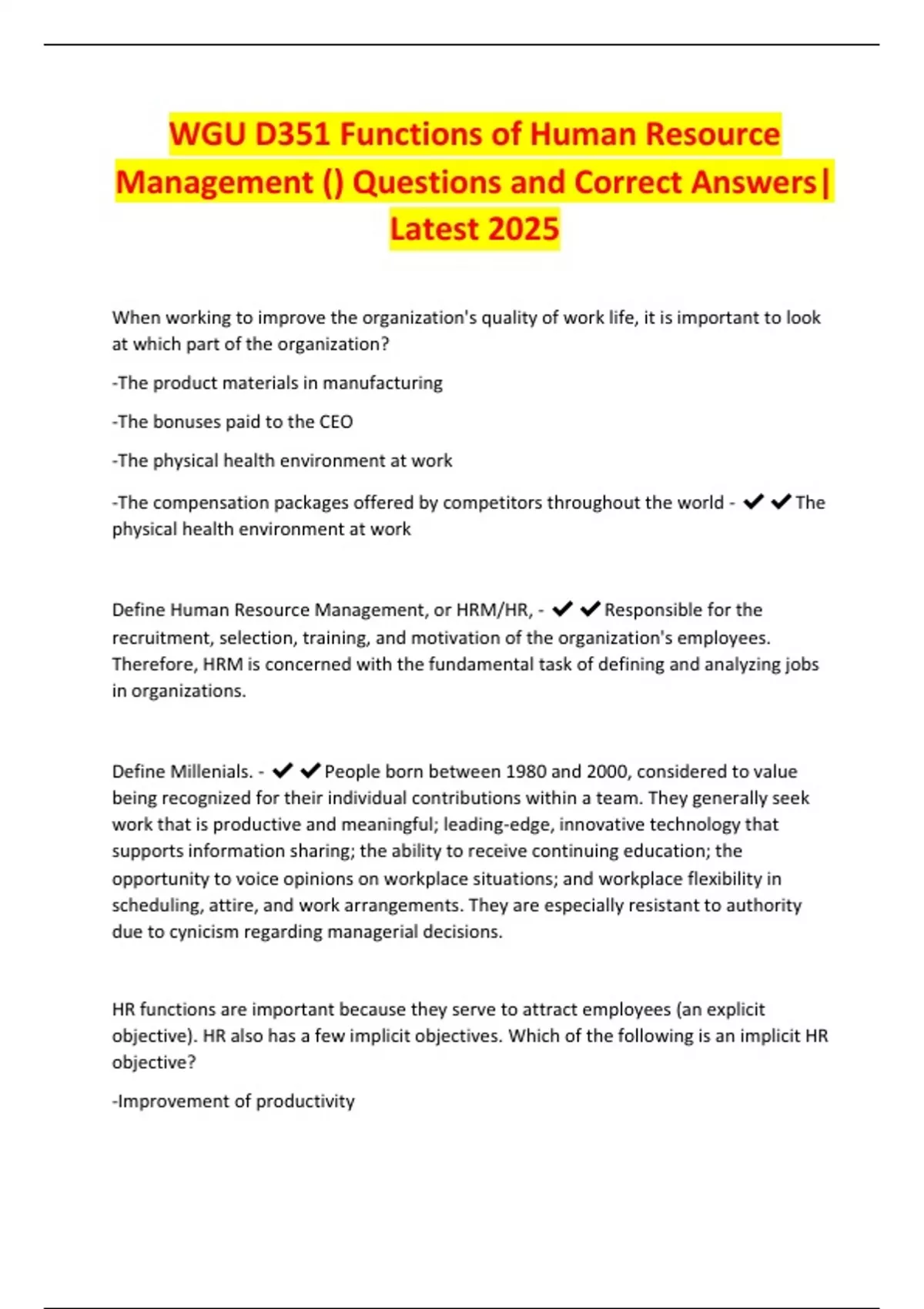 WGU D351 Functions of Human Resource Management () Questions and ...