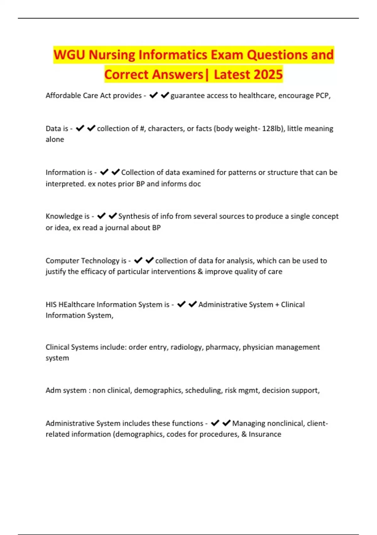 WGU Nursing Informatics Exam Questions and Correct Answers| Latest 2025 ...